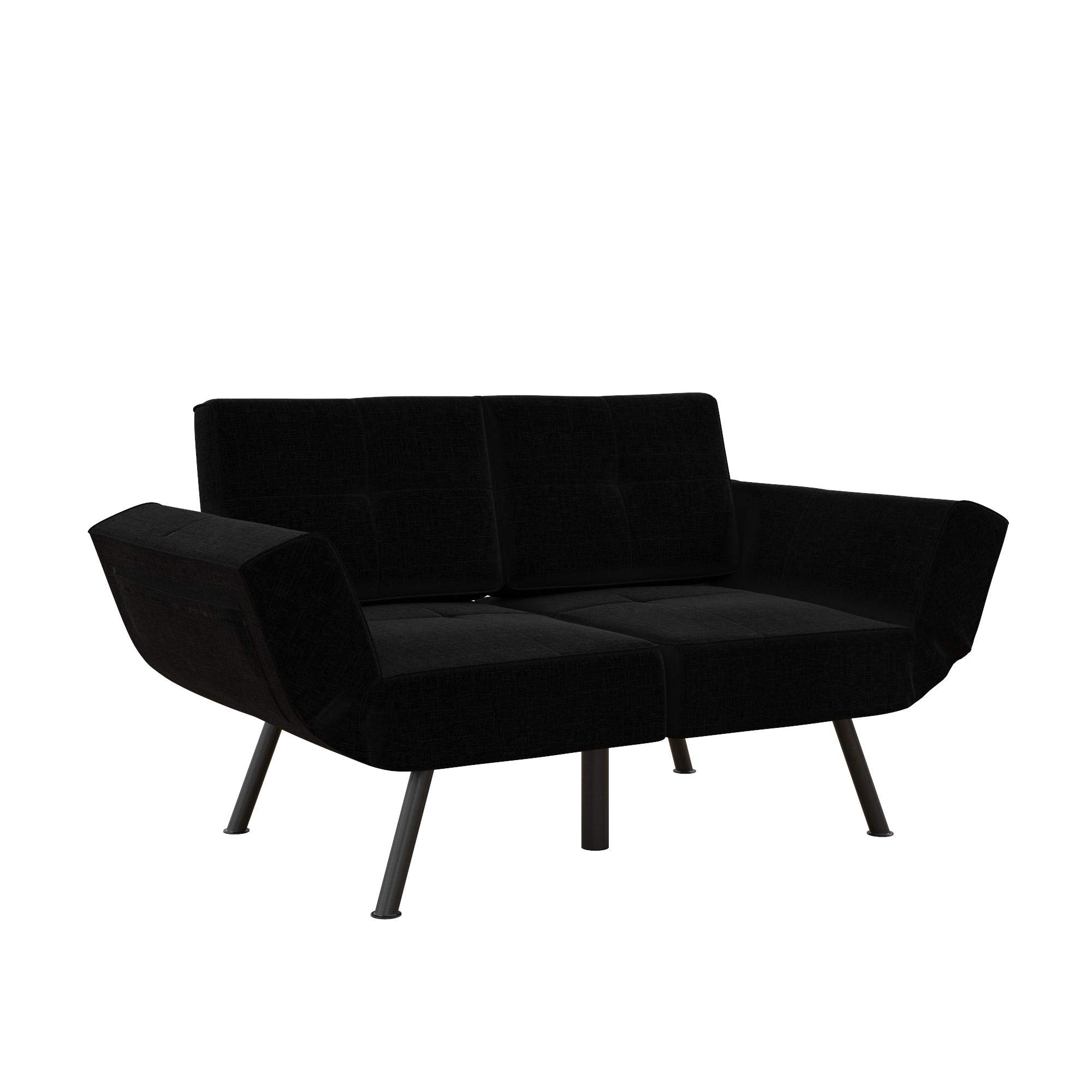 REALROOMS Euro Upholstered Tufted Loveseat Futon with Storage Pockets, Dark Gray Linen