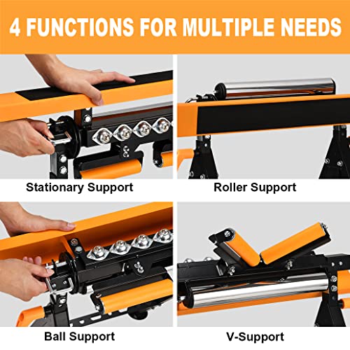 WORKESS 4 in 1 Roller Stand, Stable 440 Lbs Load Capacity with Saw Horses, V-Shaped, Multi-Directional Rollers & Outfeed Roller, Adjustable Height 33โ- 50โ, Folding for Woodworking