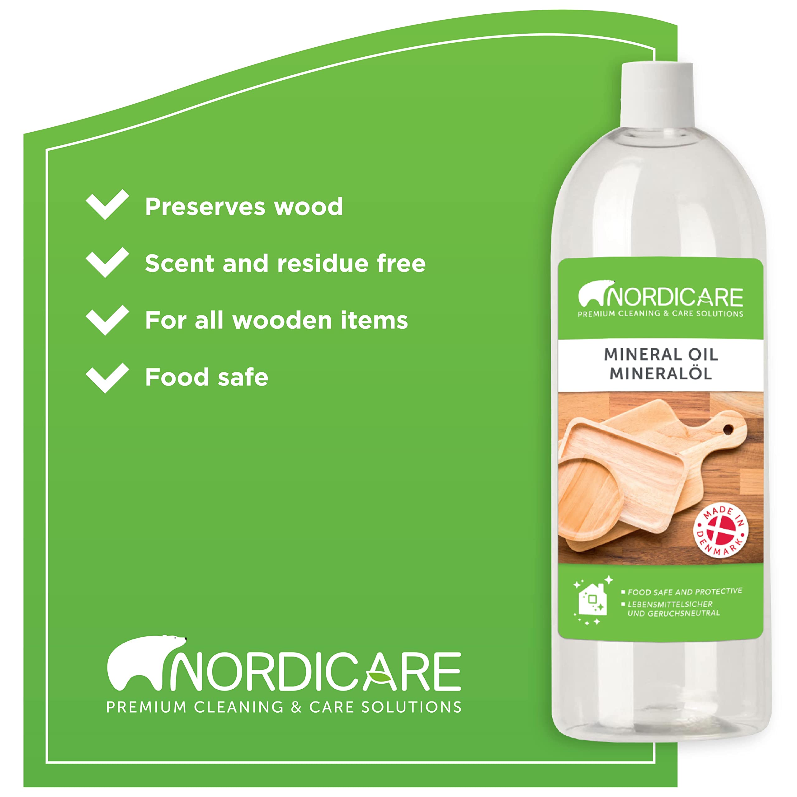 Nordicare Food Grade Mineral Oil - Tasteless and Odourless Cutting Board Oil - Suitable for Wood and Bamboo Countertops, Cutting Boards and Blocks, Stainless Steel, Stone (34oz)