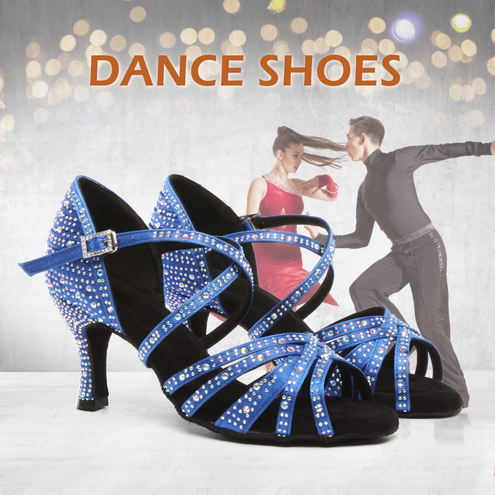 SWDZM Women's Rhinestone Dance Shoes Ballroom Latin Salsa Performance Practice Dancing Shoes,L377,Blue,Heel 3'',US 6