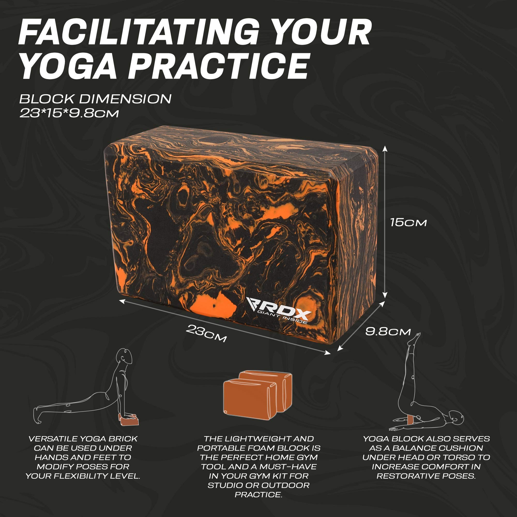RDX Yoga Block Set, High-Density Eva Foam,Non-Slip Brick for Pilates Flexibility Body Balance, Easy Grip Surface for Stability Strength Training Deepen Poses Exercise Office Home Gym, 23x15x9.8CM