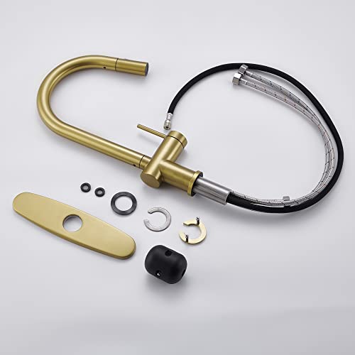 YardMonet Brushed Gold Kitchen Faucet with Pull Down Sprayer, Modern Gold Kitchen Sink Faucet Single Hole with 10" Deck Plate, Single Handle Pull Out Kitchen Faucets for Sink