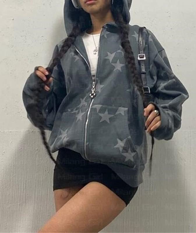 ROAONOCOMO Y2K Aesthetic Zipper Hoodie Sweatshirt Long Sleeve Harajuku Punk Grunge Outfit Retro Vintage Oversized Outwear