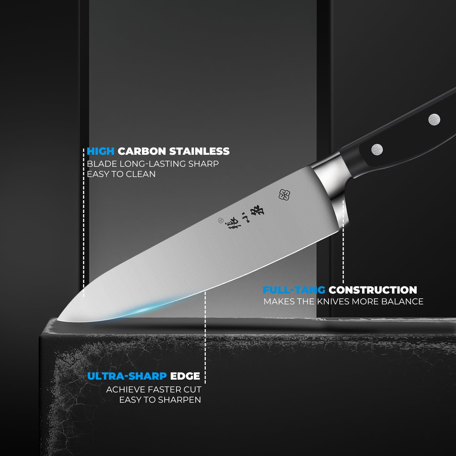 ZHANG XIAO QUAN SINCE 1628 8Pcs Kitchen Chef Knife Set, Triple Rivet Kitchen Knives High Carbon Stainless Steel Knife Sets for Kitchen with Block, Knife Sharpener and Shears, Dishwasher Safe