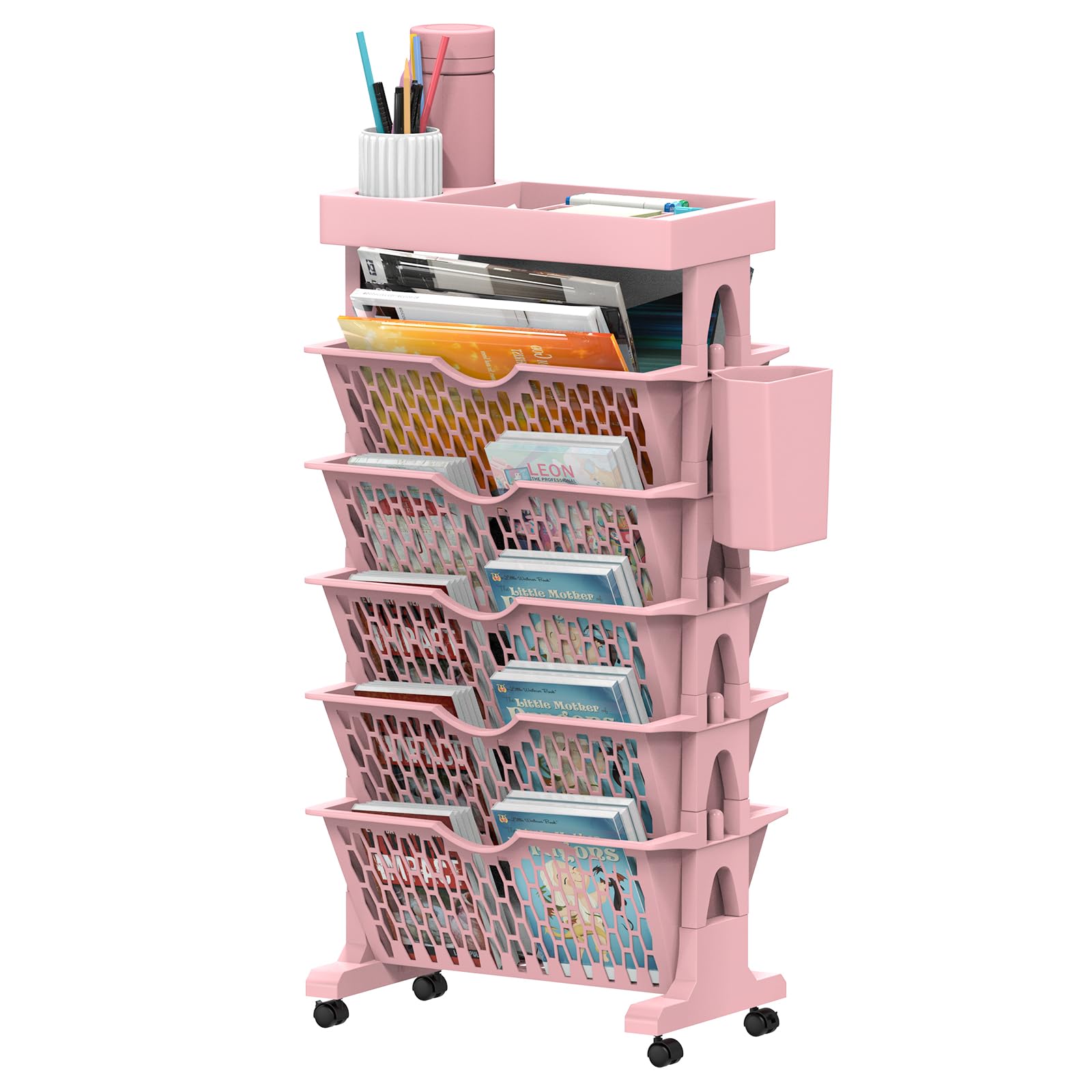 NIRIAHO 6 Tier Mobile Bookshelf, Rolling Cart Multi-Functional Movable Storage Book Shelves, Utility Cart Office Organizer Pink Bookshelves with Lockable Casters for Office, Dorm, Classroom