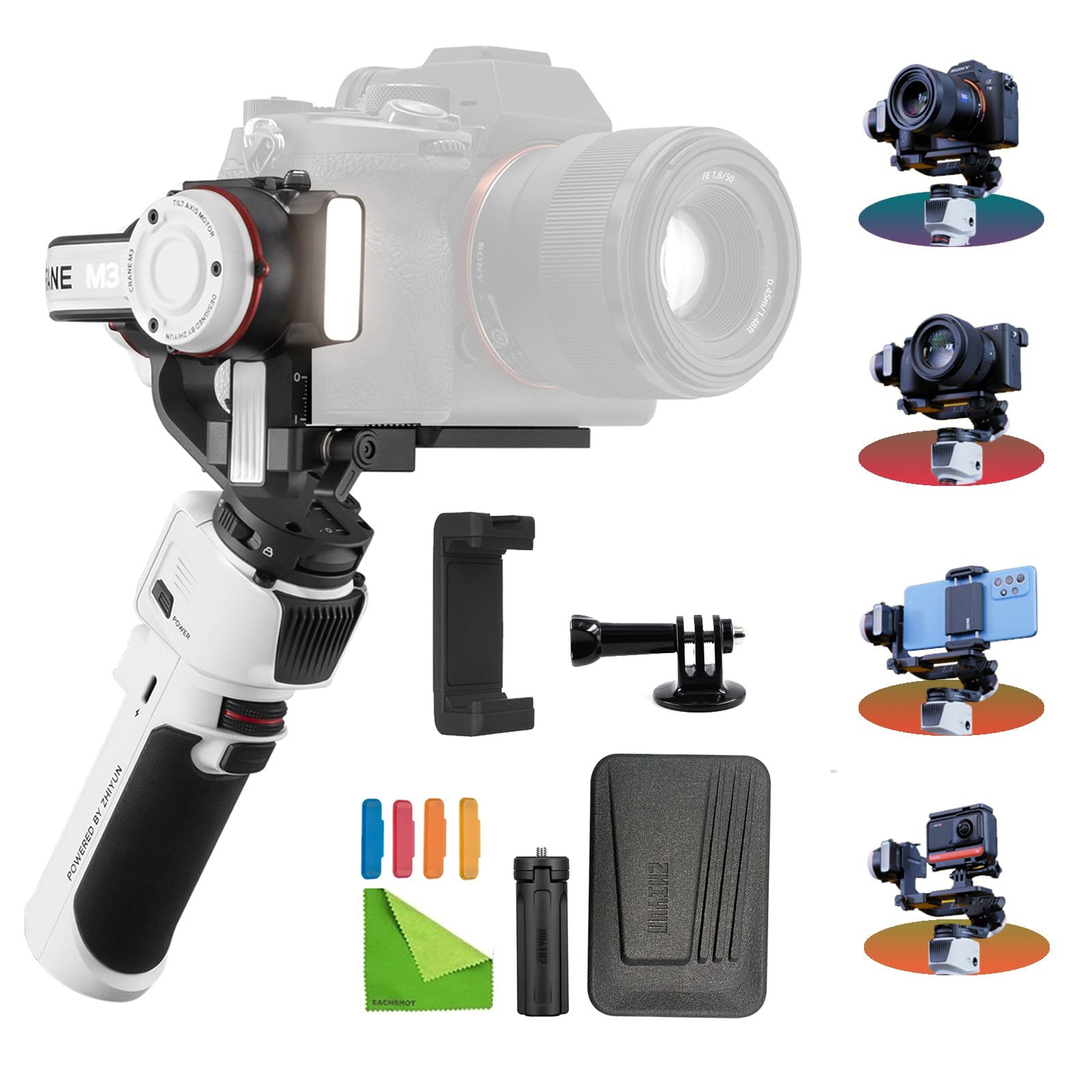 Zhiyun Crane M3 w/Go Pro Mount + Phone Holder All-in-1 3-Axis Handheld Gimbal Stabilizer for GoPro Hero 10/9/8/7/6/5 Sport/Action Mirrorless Cameras Smartphone iPhone 13 Pro Max Mini 12