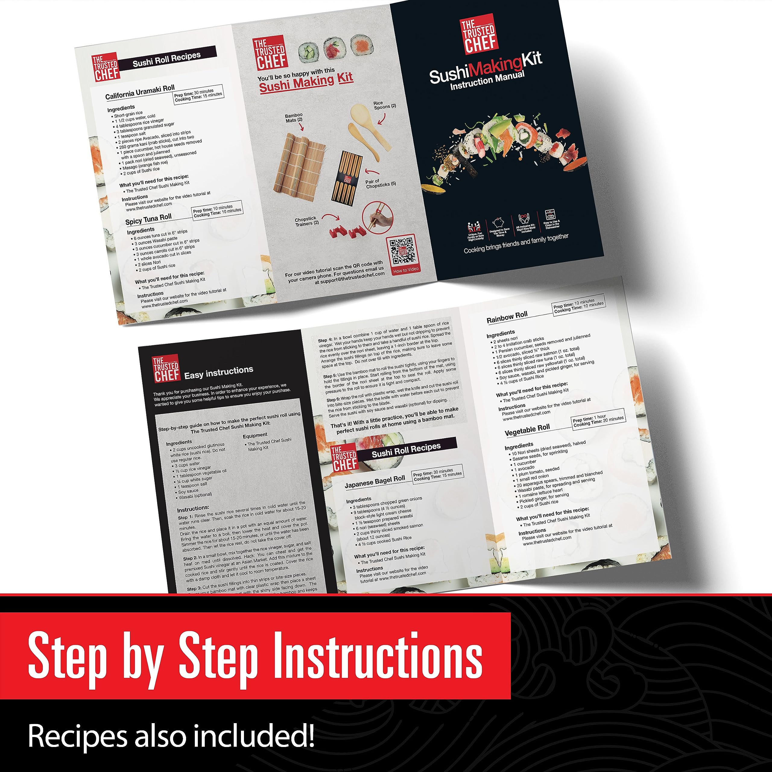 Sushi Making Kit β The Trusted Chef Traditional Sushi Kit comes with-bamboo sushi rolling mats, chopsticks and step by step instructions, videos & Sushi recipes to get you started.