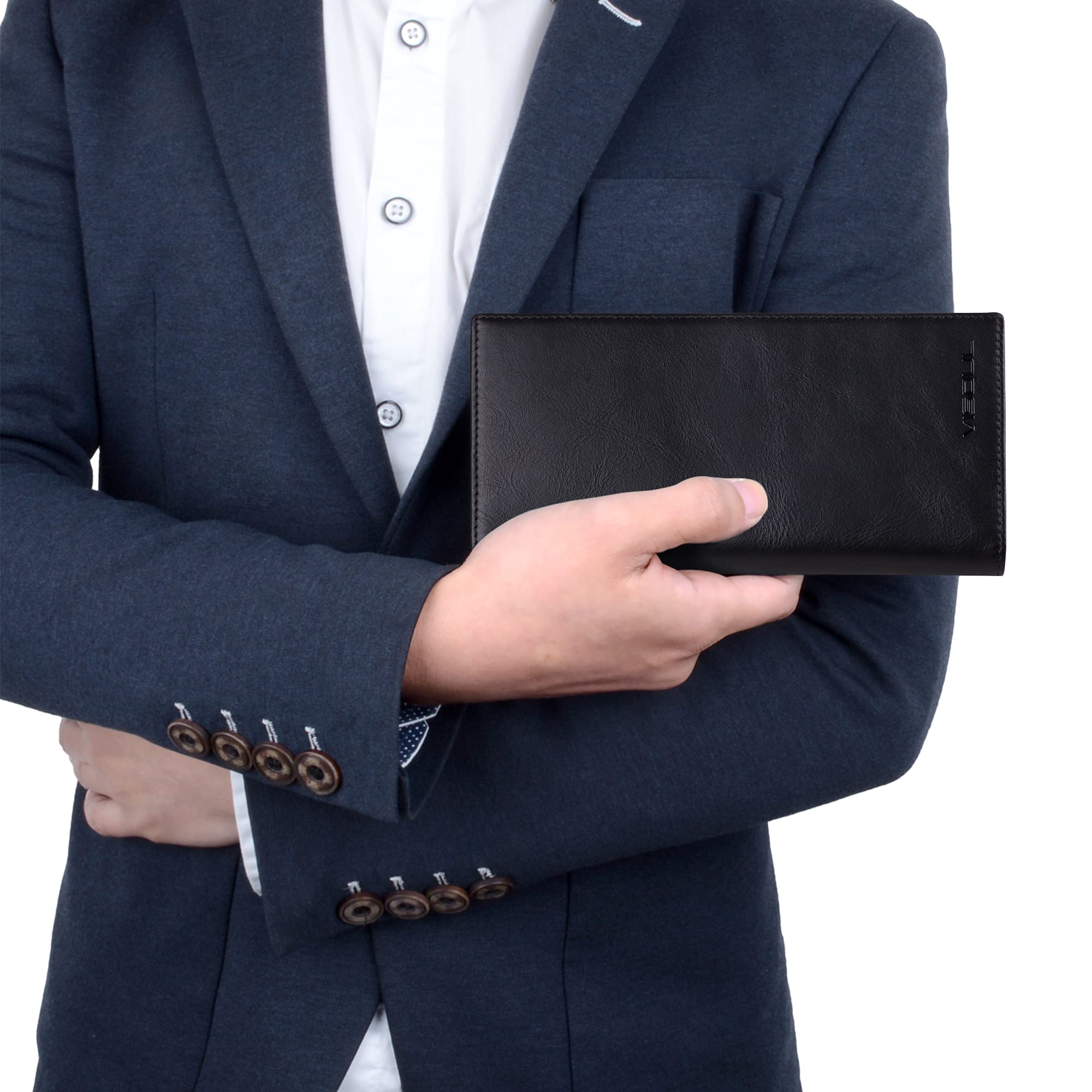 VISOUL Men's Leather Long Bi-fold Checkbook RFID Blocking Wallets, Breast Pocket Tall Billfold Secretary Wallet for Men with 12 Card Slots (Black and Orange)