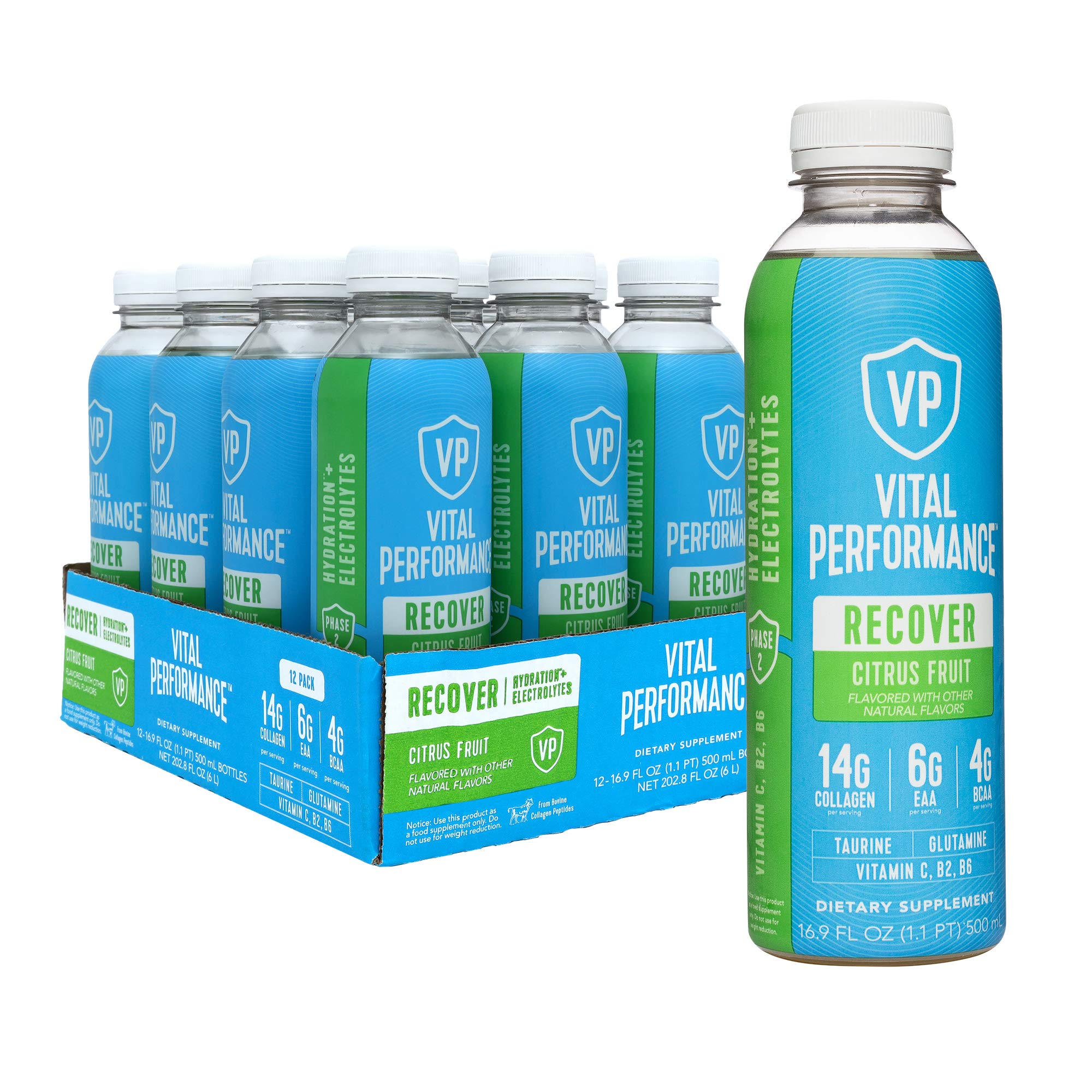 Vital Performance Recover Drink, 6g EAA, 4g BCAA,14g Collagen, NSF for Sport Certified, Low-Sugar, Post-Workout Recovery Drink, 12pack, 16.9oz Bottles - Yuzu Clementine