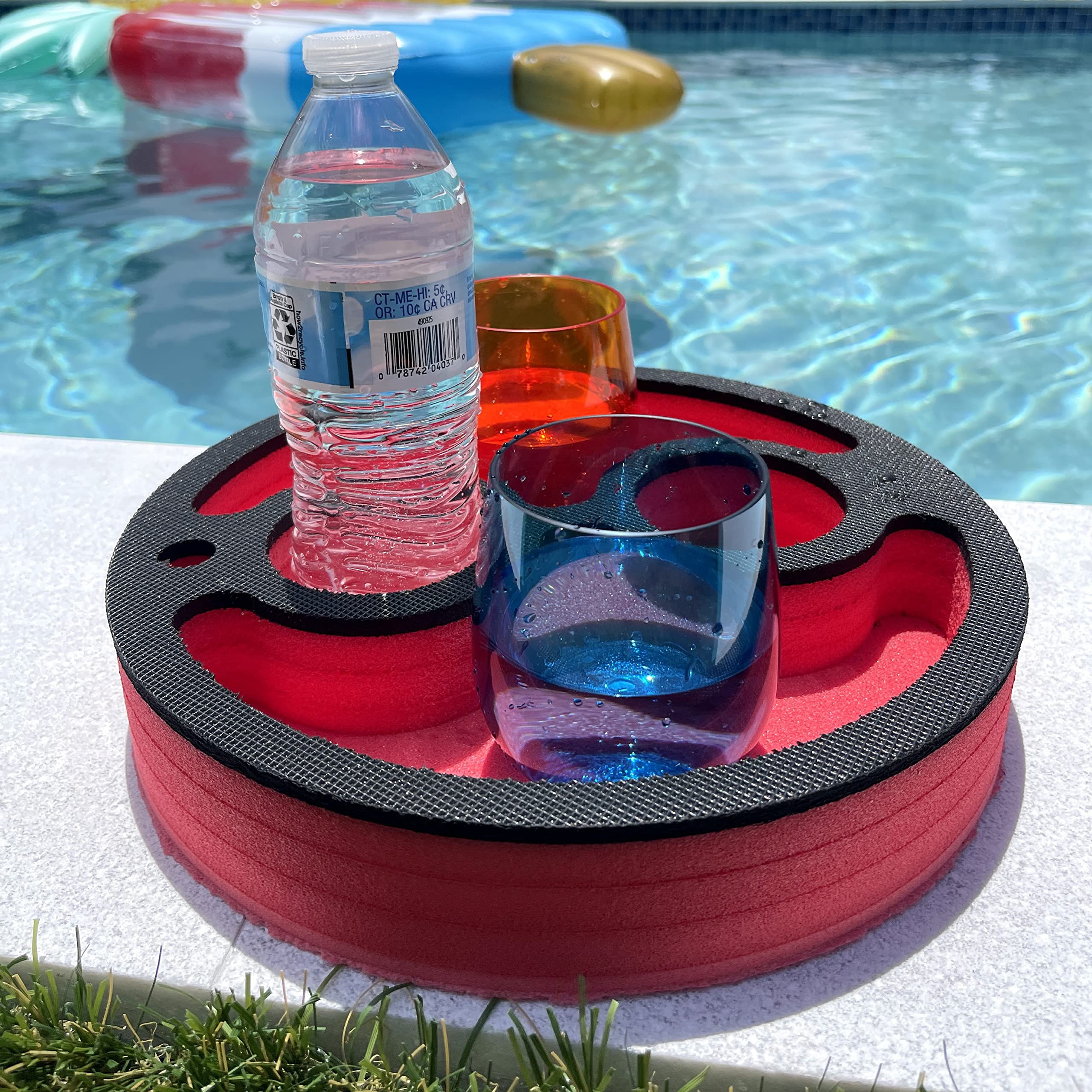 Polar Whale Floating Red and Black Round Spa Hot Tub Bar Drink and Snack Table Blue Refreshment Tray for Pool or Beach Party Float Food Lounge Durable Foam 11.75 Inches