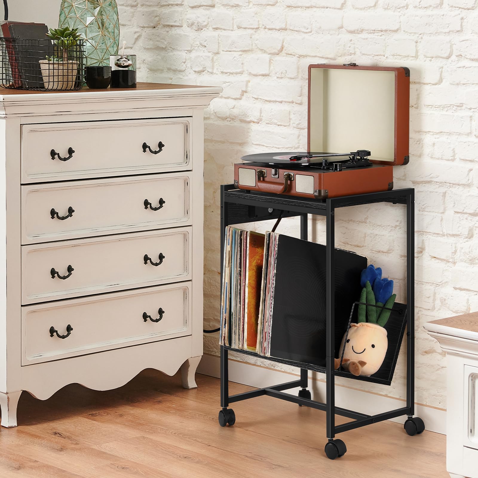 Record Player Stand with Charging Station, 2 Tier Record Player Table with 3 Quick-Release Divider, Vinyl Record Stand Storage with 4 Wheels, Turntable Stand for Bedroom Living Room and Office(Rustic Brown)