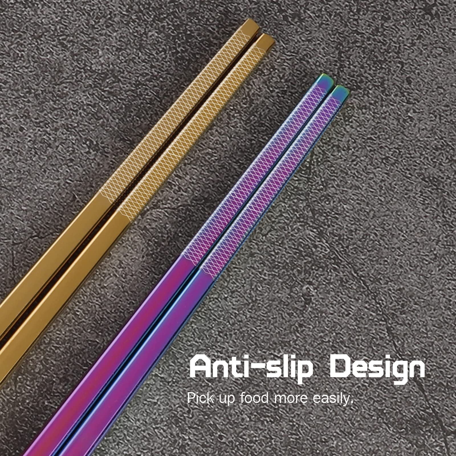 TIICOO Metal Chopsticks Reusable 18/8 Stainless Steel Chopsticks Laser Engraved Premium Titanium Multicolor Chop Sticks Dishwasher Safe Lightweight Japanese Style 5 Pairs Chopsticks Gift Set(Style 2)