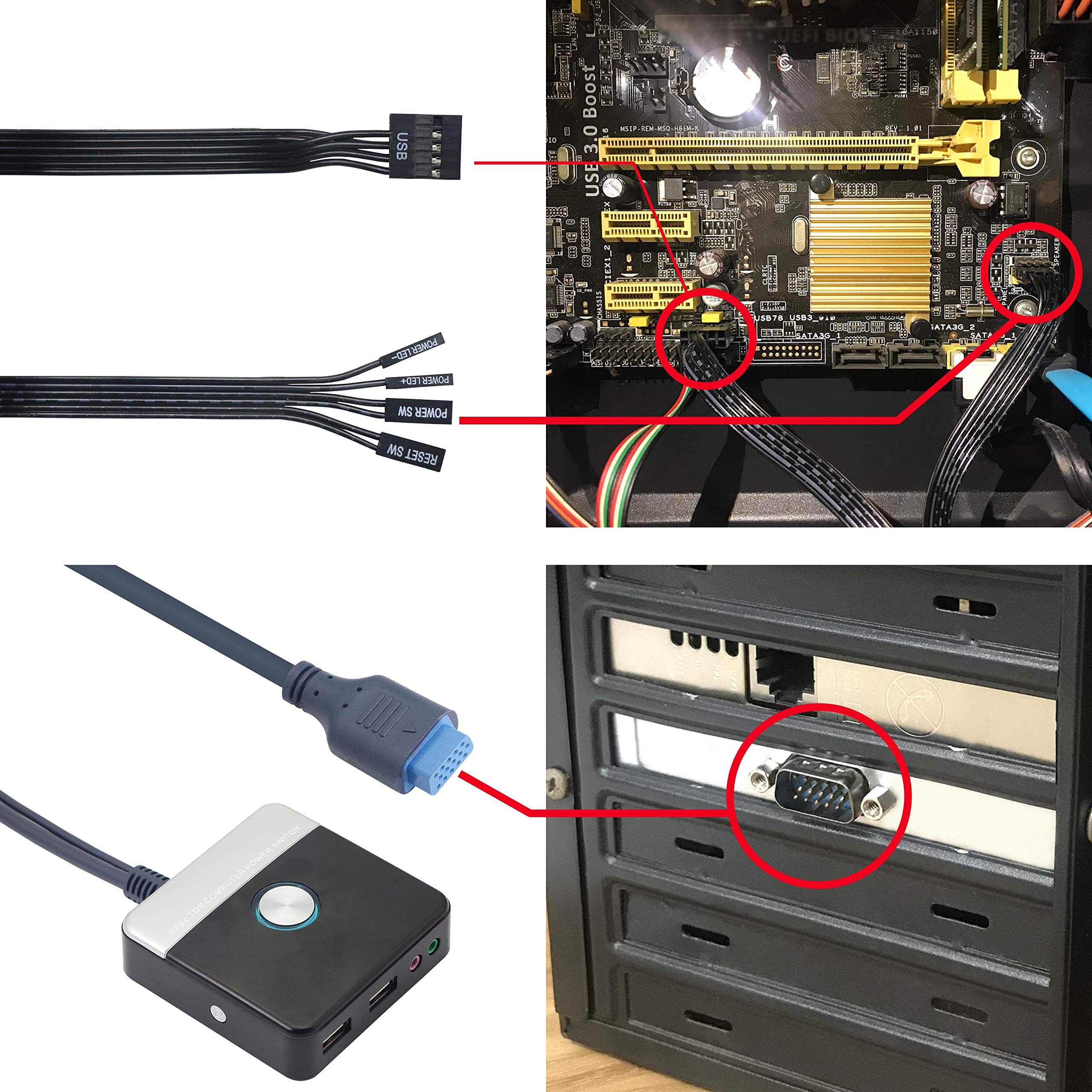 Reset HDD Button Switch,GELRHONR Desktop PC Computer Case Power Supply Supplies on/Off with Dual USB Ports,Audio Ports and Reset HDD Push Button Switch for Home, Office, Internet Cafes(Cable 120CM