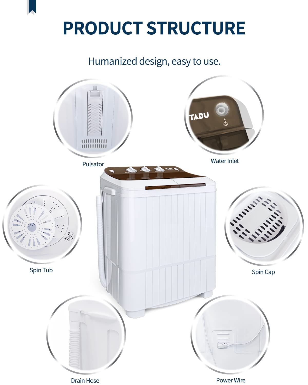 TABU Portable Washing Machine, 2 in 1 Washer Machine, Twin Tub Washing and Spining Combo Machine, 16.5LBS Portable Washer for Apartment, Dorms, RVs, Camping and More, White&Brown