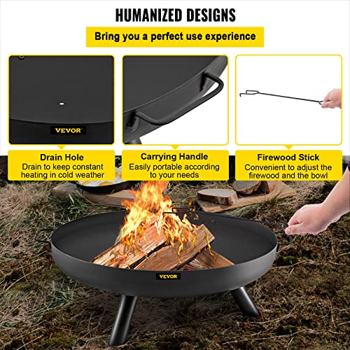VEVOR Fire Pit Bowl, 30-Inch Deep Round Carbon Steel Fire Bowl, Wood Burning for Outdoor Patios, Backyards & Camping Uses, with A Drain Hole, Portable Handles and A Firewood Stick, Black