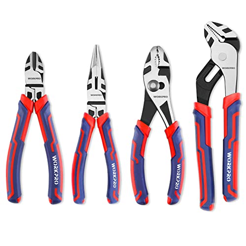 WORKPRO 4-Piece Pliers Set, Premium CR-V Construction Pliers Tool Sets Including Long Nose, Diagonal Cutting, Groove Joint and Slip Joint Pliers(Red)