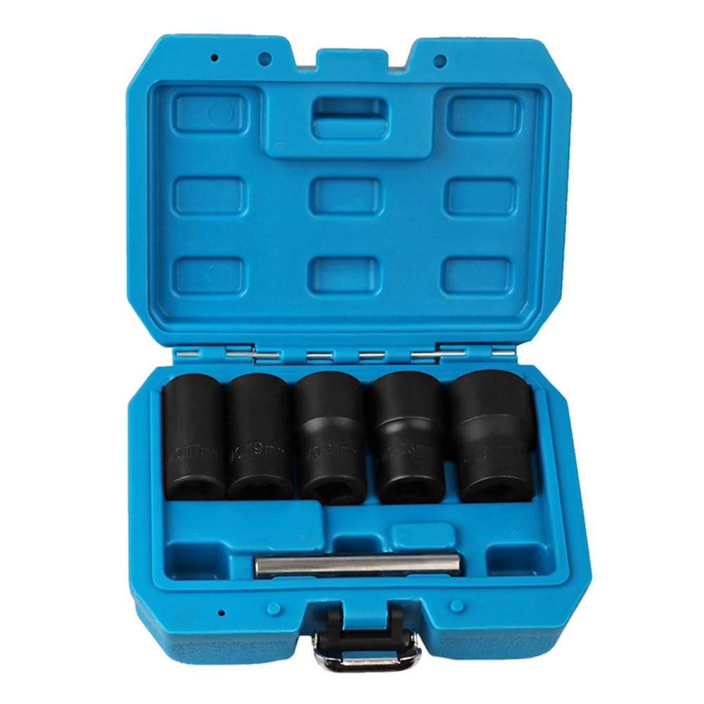 Pomojonbi 6 Pieces of Broken Nut Extractor with 17mm, 19mm, 21mm, 23mm, 27mm Sleeve and Central Piercing Rod Nut Removal Tool Kit Durable