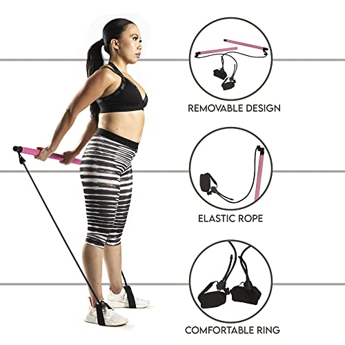 Resime Bar - Portable Pilates Bar Kit with Upgraded 30LB Adjsutable Foot Resistance Bands. Resistance Bands. for Pilates Toning Sticks. Pilates Reformer Machine (Pink)