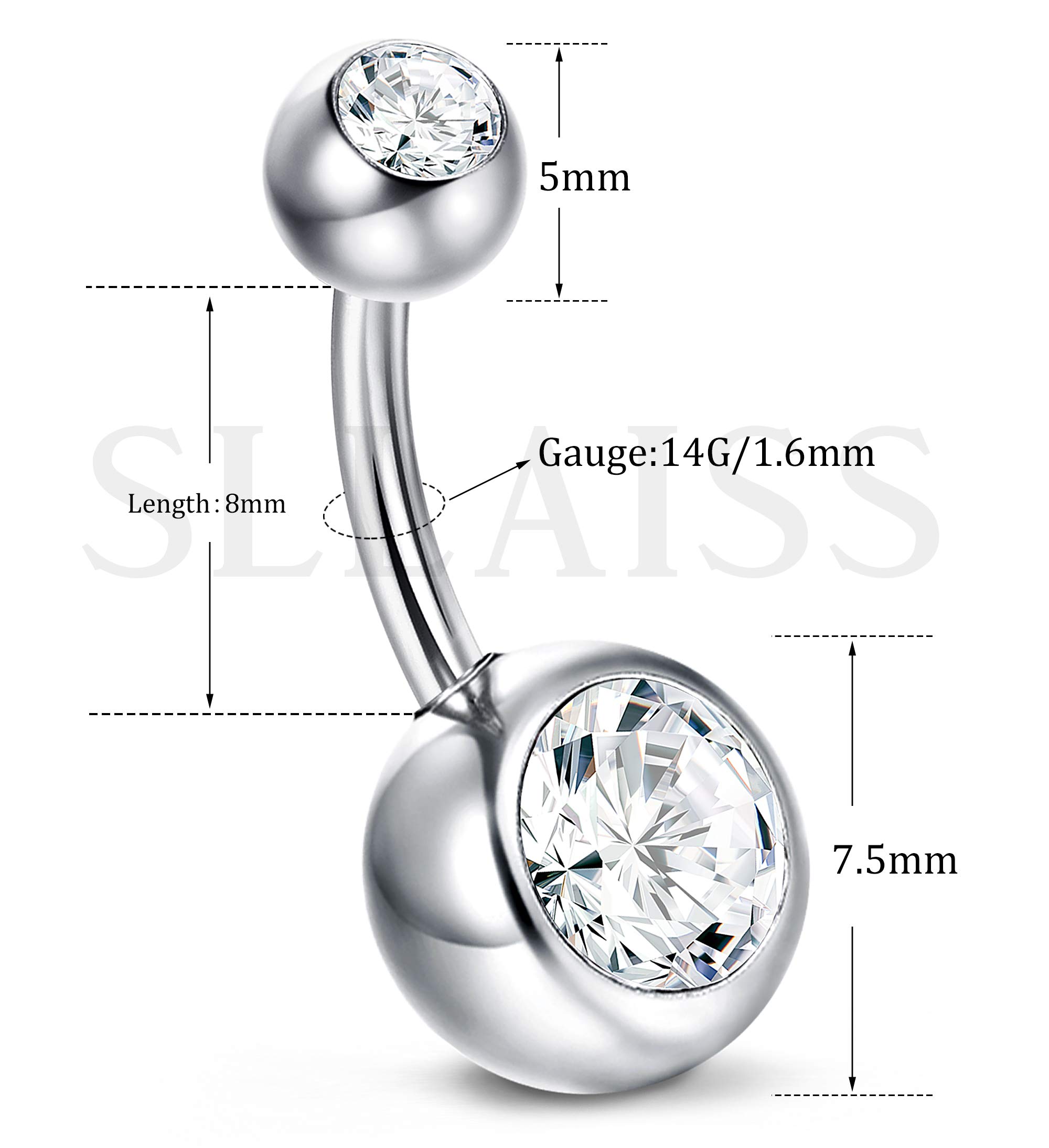 Sllaiss Belly Button Rings For Women 925 Sterling Silver 14G Bar 8mm CZ Round Ball Navel Barbell Stud Body Piercing Jewelry
