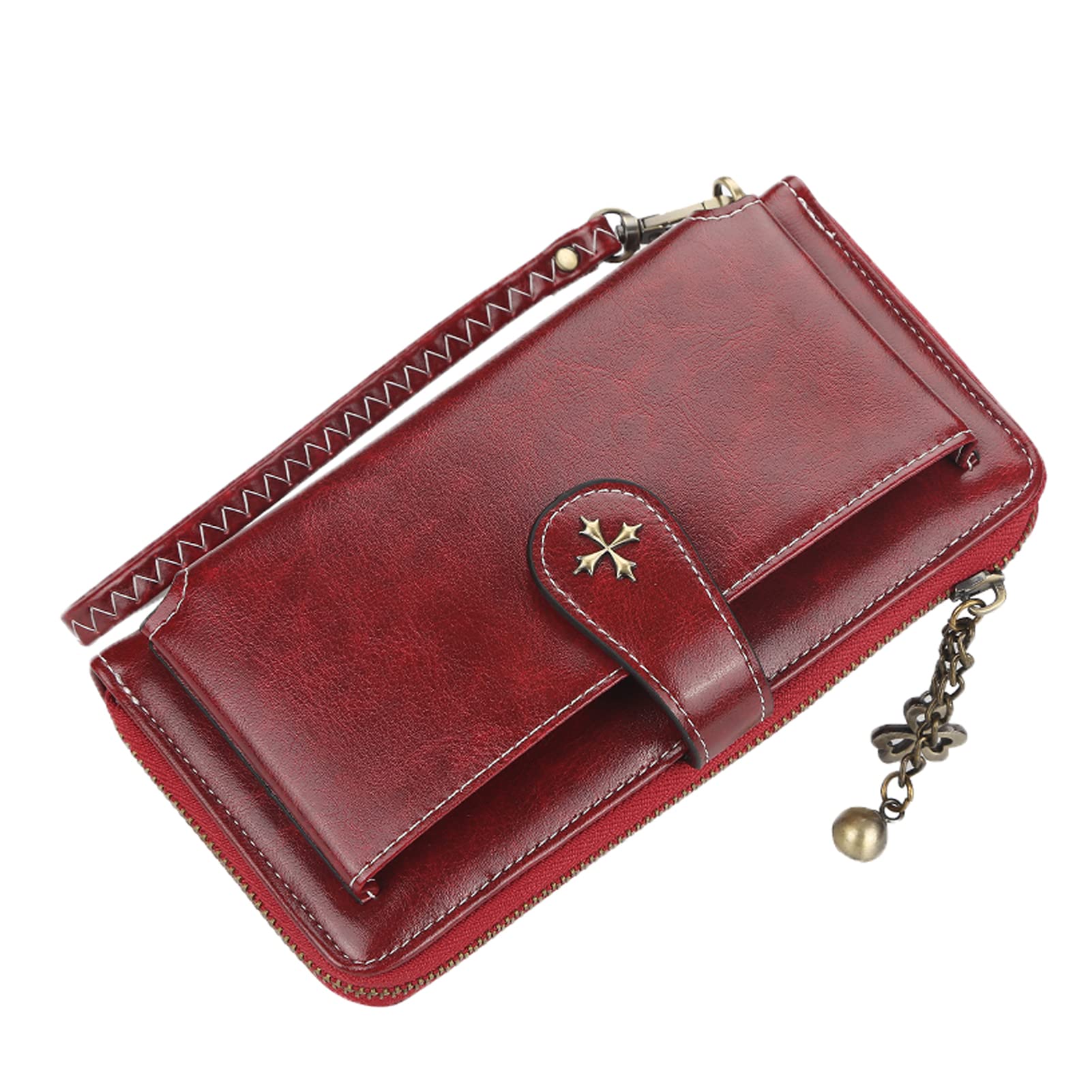 ZHIERNA PU Leather Wallet for Women, Credit Card Holder for 6.67in Cellphone, Zipper Around Wristlet Wallets (Wine Red)