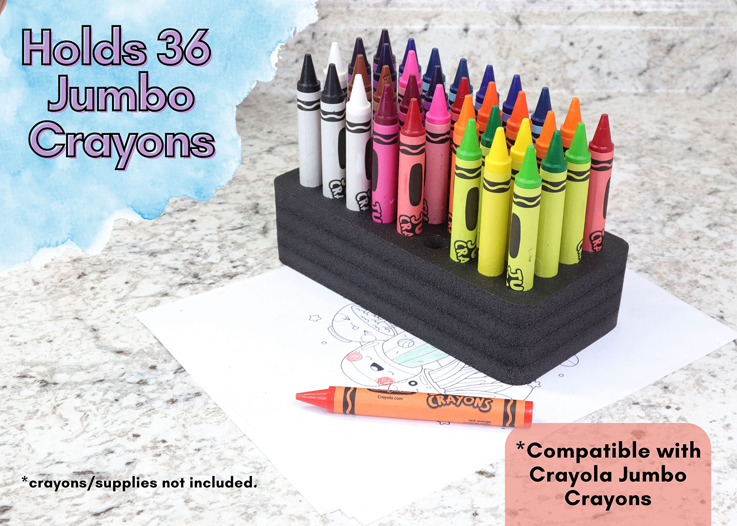Polar Whale Jumbo Crayon Desk Stand Organizer Compatible with Crayola and Others Design Storage Tray Supply Non-Scratch Non-Rattle Washable Durable Black Foam Holds 36