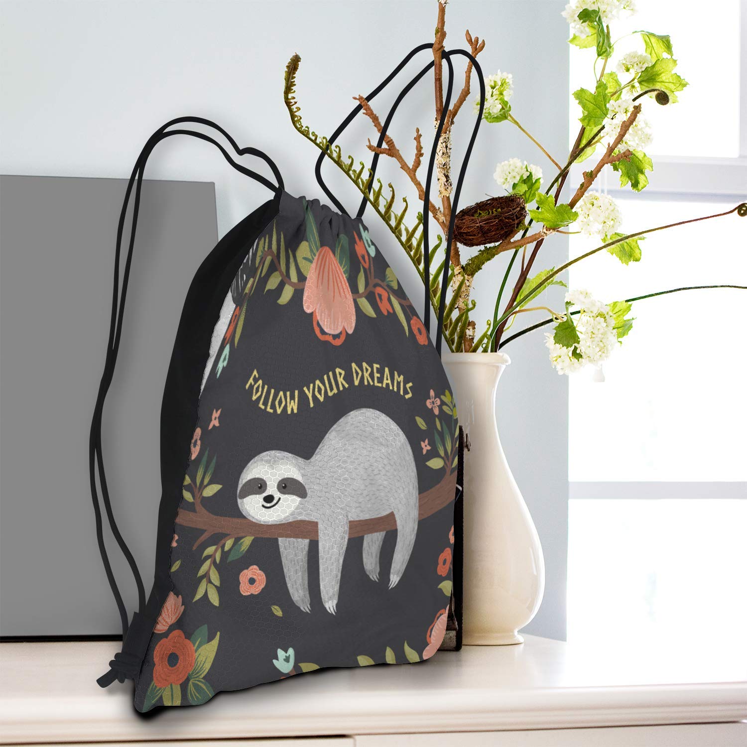 Sloth Drawstring Backpack Gym Bag for Women Men Black Lightweight Waterproof Cinch Sack for Travel Yoga Beach School