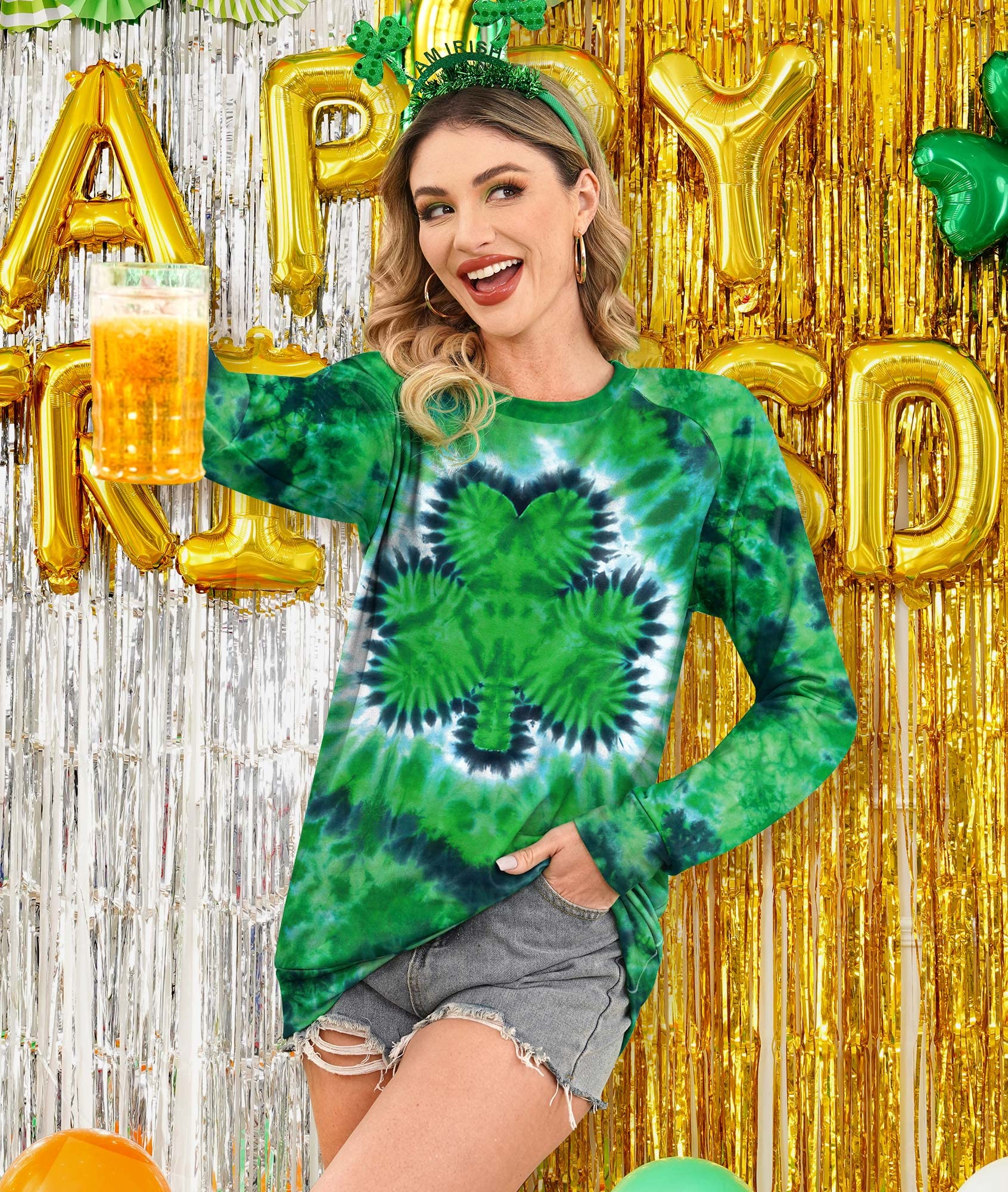 Women's St. Patrick's Day Printed Irish Shamrock Shirt Tie Dye Long Sleeve Raglan Sweatshirts Clover XL