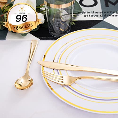 WELLIFE 96 Pcs Gold Plastic Plates, Disposable Gold Plates with Cups and Silverware, Gold Dinnerware Set Ideal Includes: 16 Dinner Plates 10.25", 16 Salad Plates 7.5", 16 Cutlery and Cups