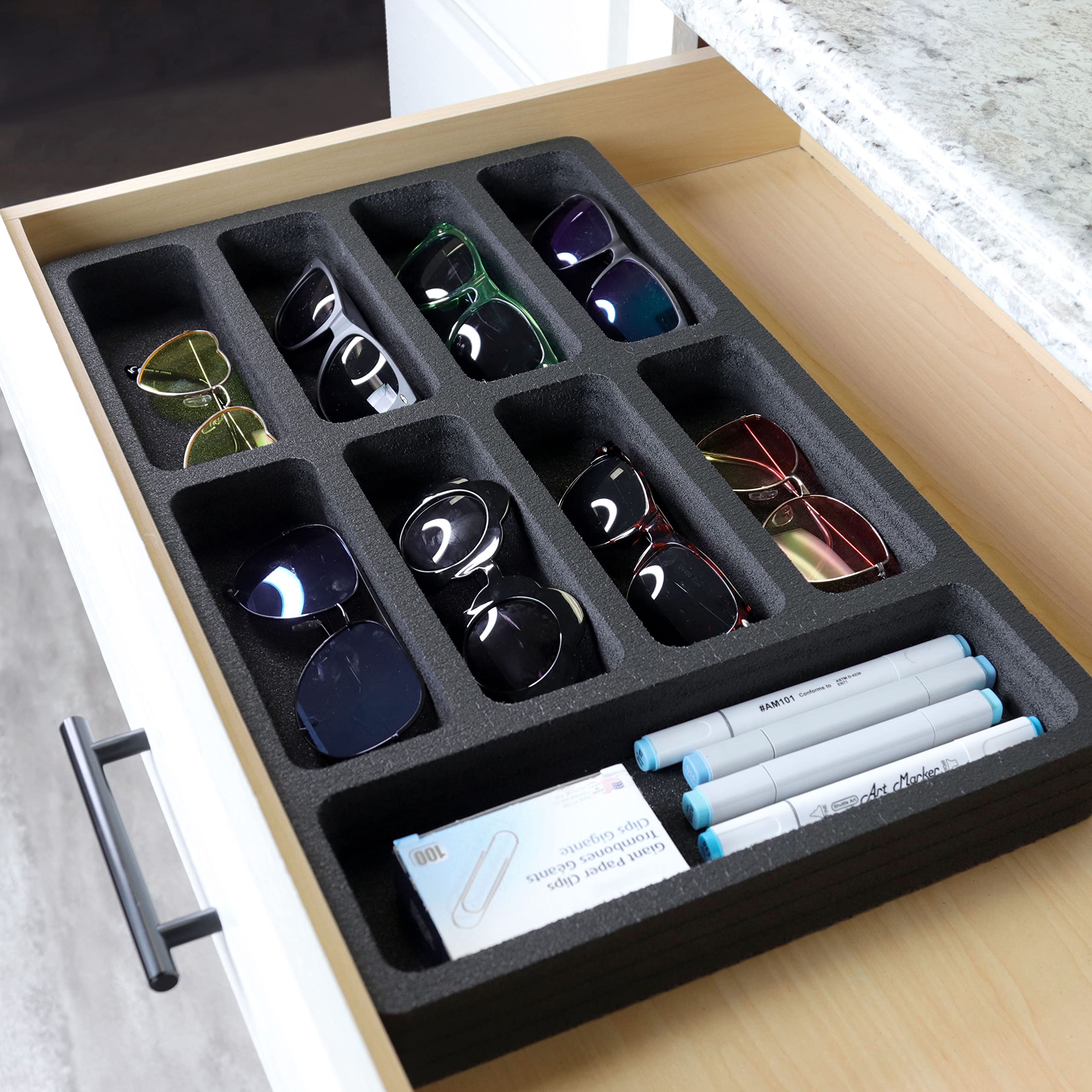 Polar Whale Sunglasses Drawer Organizer Tray Insert for Home Bedroom Bathroom Vanity Dresser Counter Table Waterproof Washable Black Foam 9 Compartment 20 x 12.75 Inches