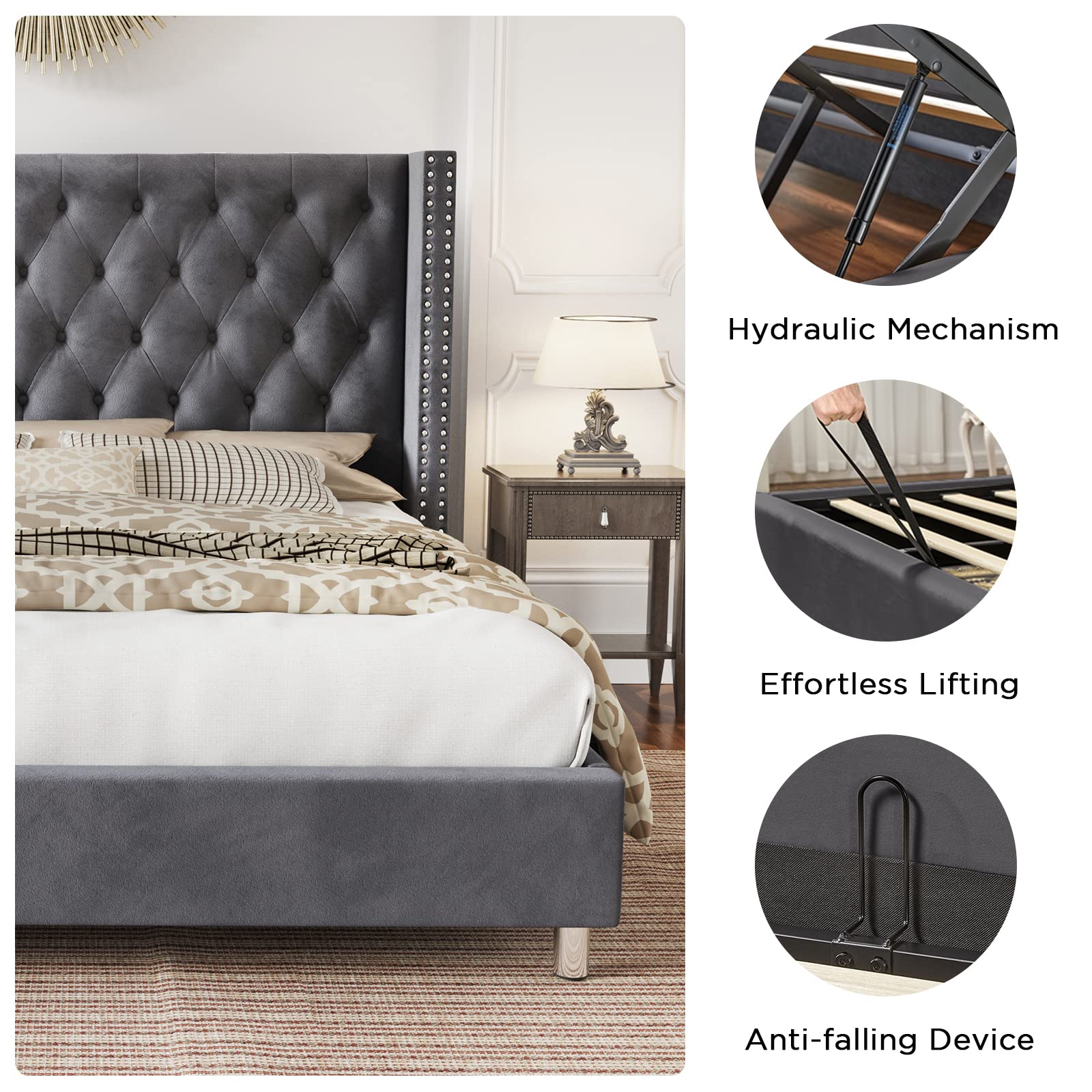 PaPaJet Lift Up Storage Bed King Size Upholstered Platform Bed Frame Button Tufted Wingback Headboard Hydraulic Lifting Storage Underneath/Wood Slats Support/Easy Assembly/Black