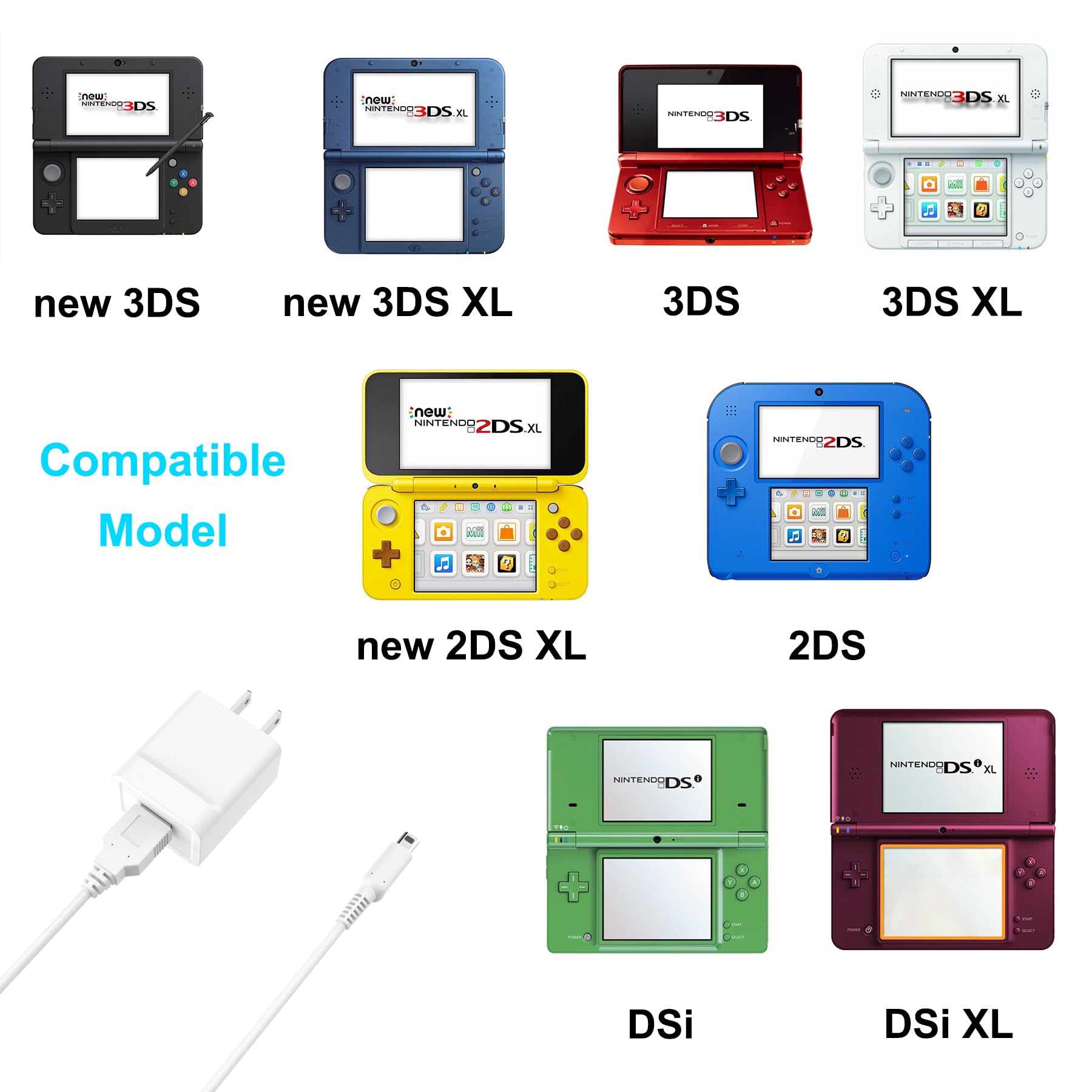 Upgraded HAUZIK Power Supply Replacement, Compatible with Nintendo 3DS, 3DS XL, 2DS XL, DSi, DSi XL, Charger AC Adapter with 3.9 Ft Split USB Cable