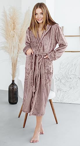 NY Threads Women Fleece Shawl Collar Bathrobe Plush Long Robe, X-Large, Taupe