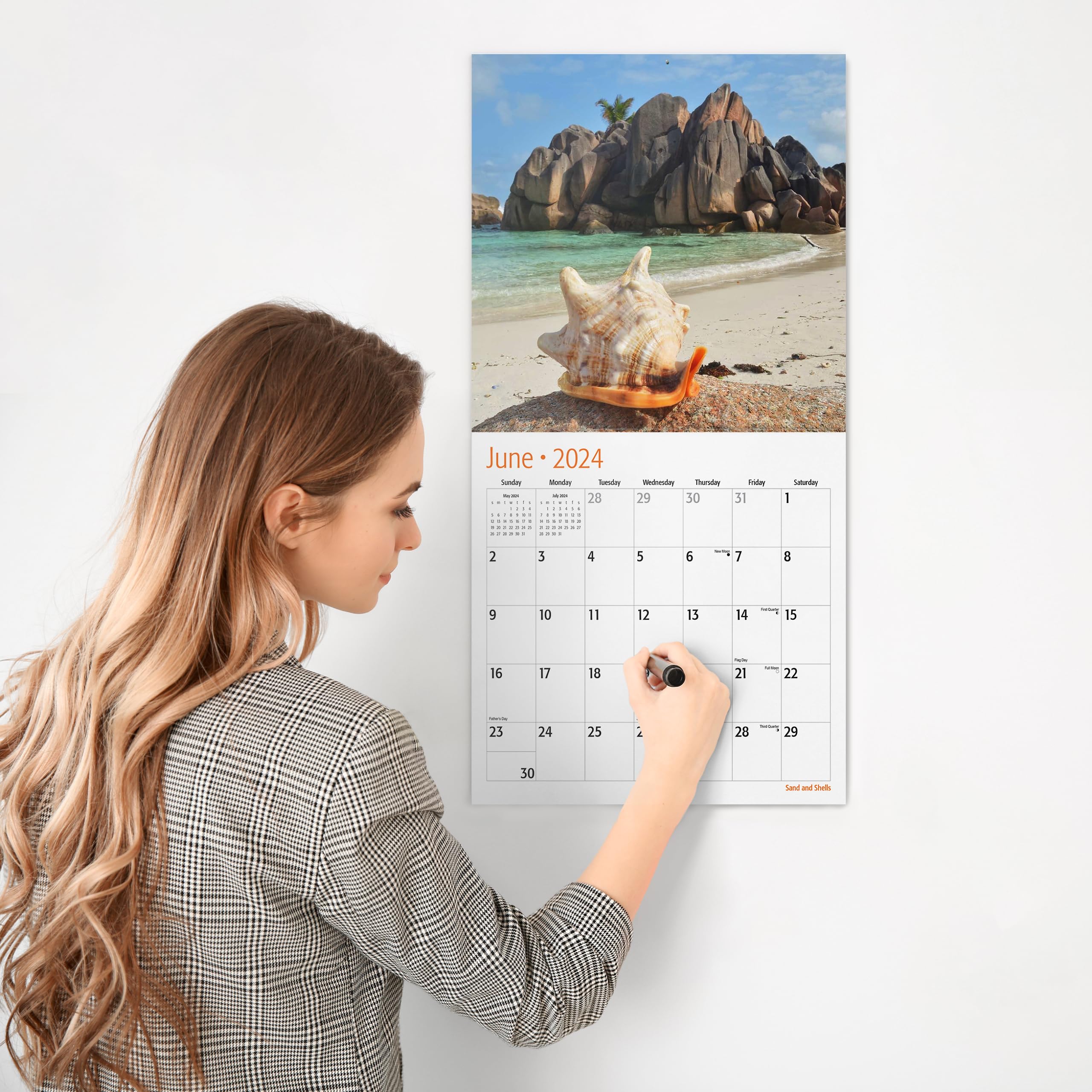 RED EMBER Sand and Shells 2024 Hangable Monthly Wall Calendar | 12" x 24" Open | Thick & Sturdy Paper | Giftable | Beautiful Beaches Nature | Seashells by the Seashore