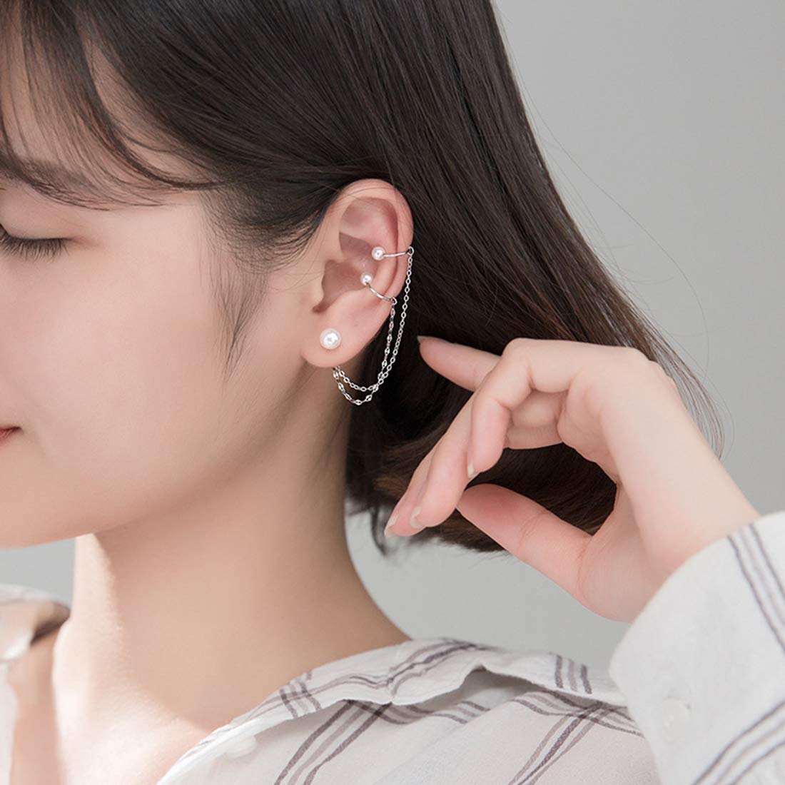 SLUYNZ 925 Sterling Silver Unique Double Cuff Earrings Chain for Women Shell Pearl Studs Earrings Pearl Cartilage Earrings