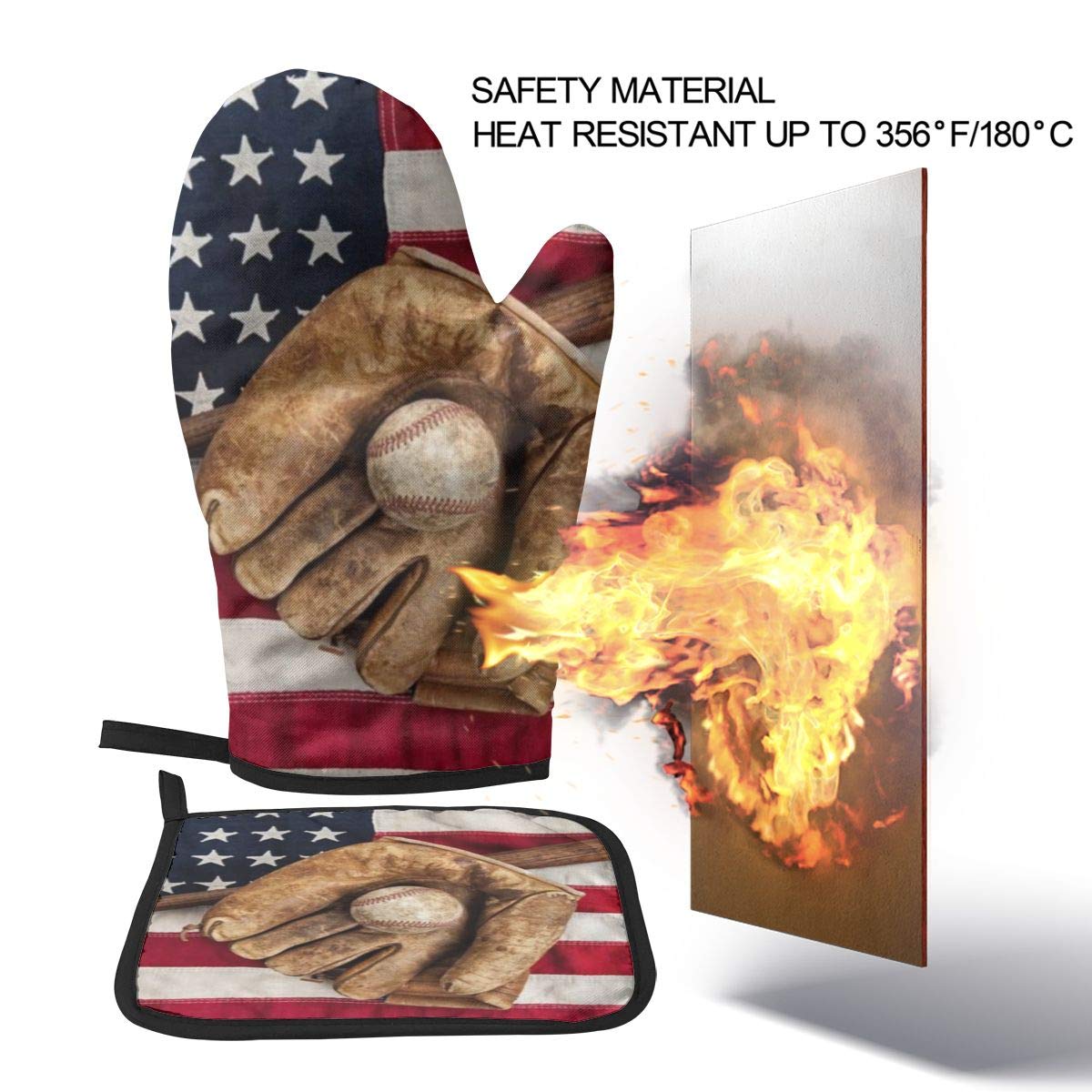Vintage Baseball with USA American Flag Oven Mitts and Pot Holders Sets Heat Resistant Kitchen Oven Gloves Mats for Holiday Cooking Baking BBQ