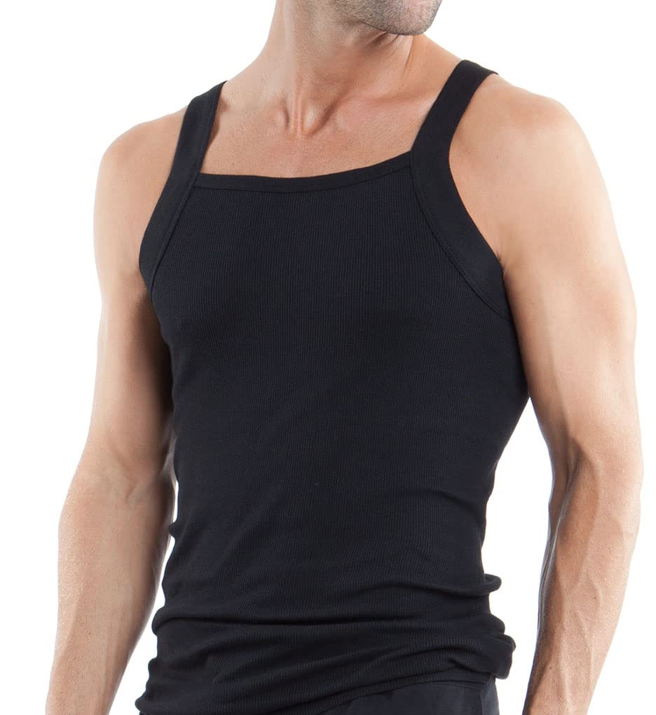 Papi Men's 3-Pack Cotton Square Neck Tank Top, Black, Large