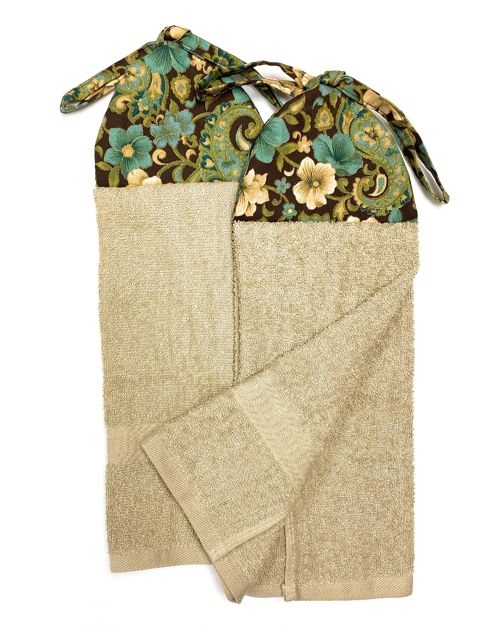 Set of 2 - Teal and Cream Flowers Floral Paisley with Gold on Brown Reversible Ties On Stays Put Tan Kitchen Bathroom Hanging Loop Hand Dish Towels
