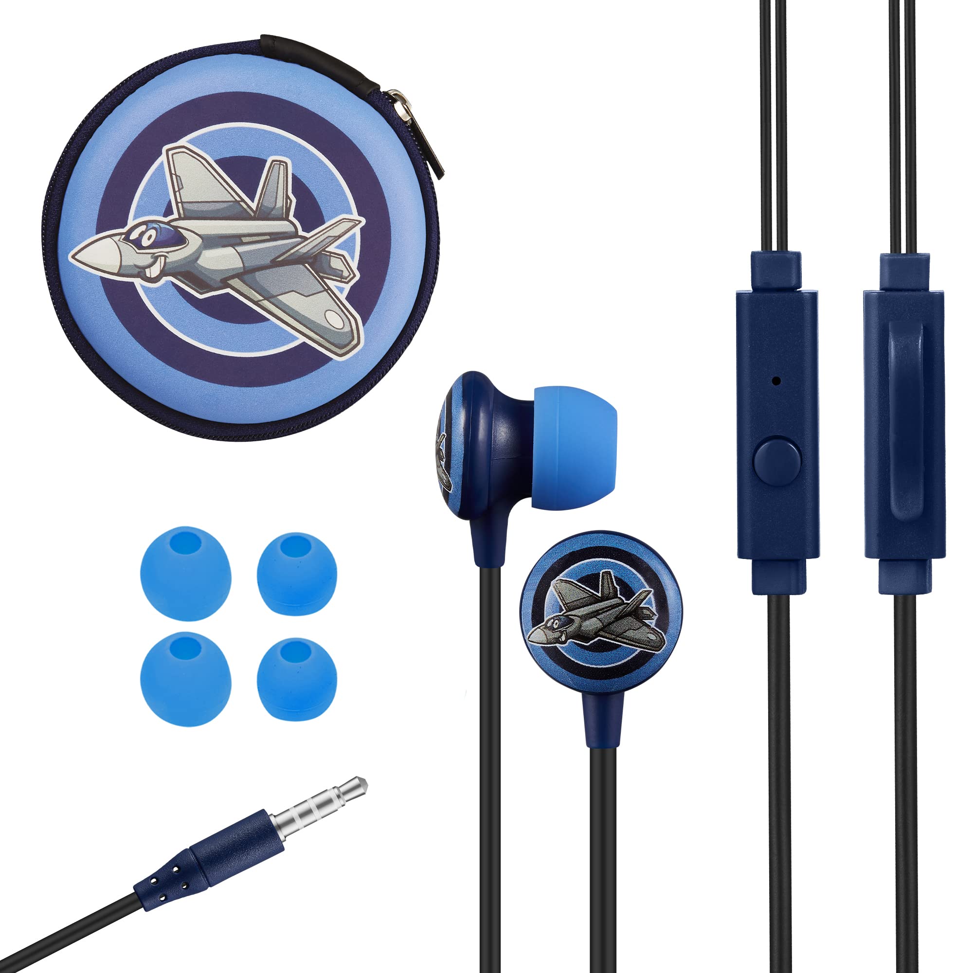 Volkano Cute Wired Earbuds for Kids - 3.5mm Output for Computer, Cell Phones, & More - in Ear Silicone Noise Isolating Child Sized Earbuds with Storage Case - (Blue) Jet Series