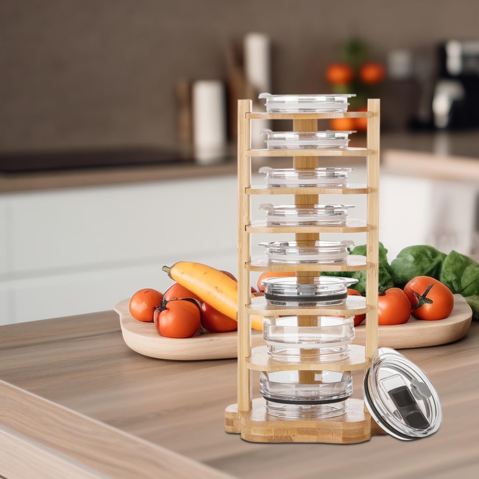 takor Extra Large Bamboo Tumbler Lid Organizer for Cupboard,Compact Lid Storage Rack,Freestanding Cup Lid Holder for Kitchen Cabinet and Countertop, Tidy Kitchen and Easy to Clean