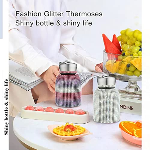 Tmore Glitter Rhinestone Water Bottle Bling Diamond Stainless Steel Thermal Bottles 9.47oz/280ml Sparkling Refillable Insulated Vacuum Thermoses with Chain (Silver)