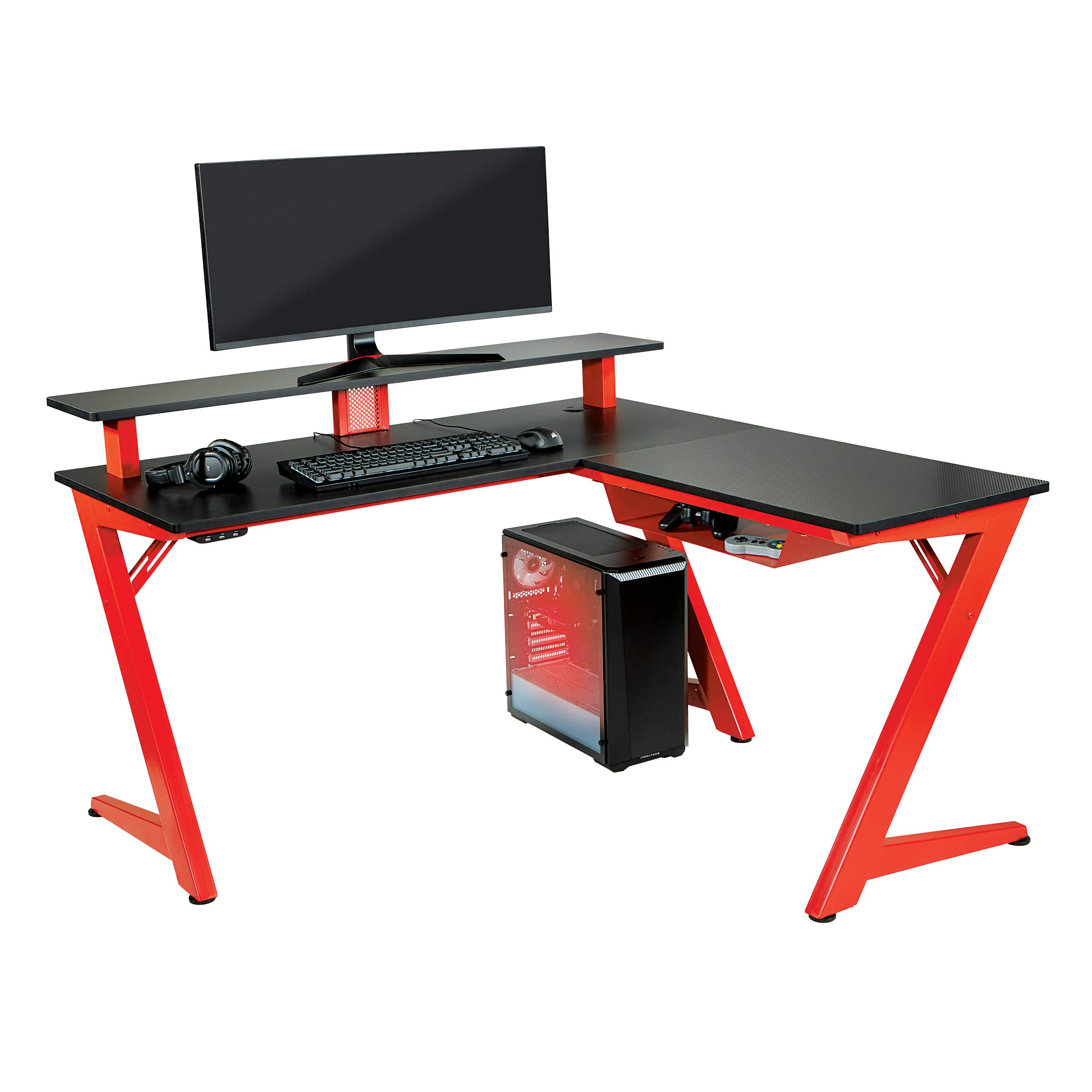 OSP Home Furnishings Avatar Battlestation L-Shape Gaming Desk with Bluetooth RGB LED Lights and Carbon Fiber Surface, Red
