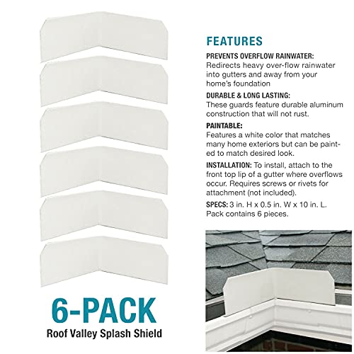 OBIOZZ 3 or 6-Pack Aluminum Roof Valley Splash Shield Gutter Guard in White DLHUS917 (Size : 6-Pack)