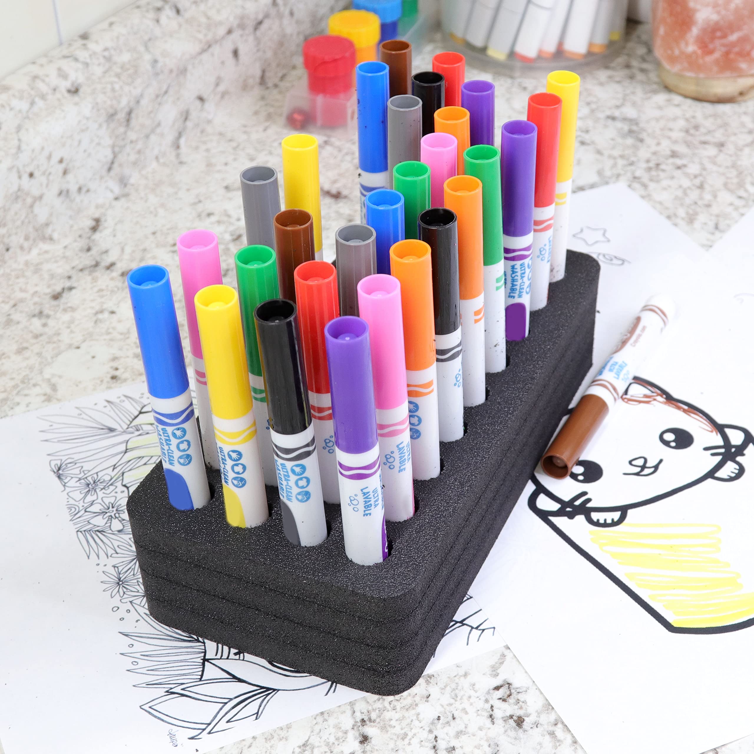 Polar Whale Washable Marker Desk Stand Organizer Compatible with Crayola and Others Design Storage Tray Supply Non-Scratch Non-Rattle Washable Durable Black Foam Holds 36