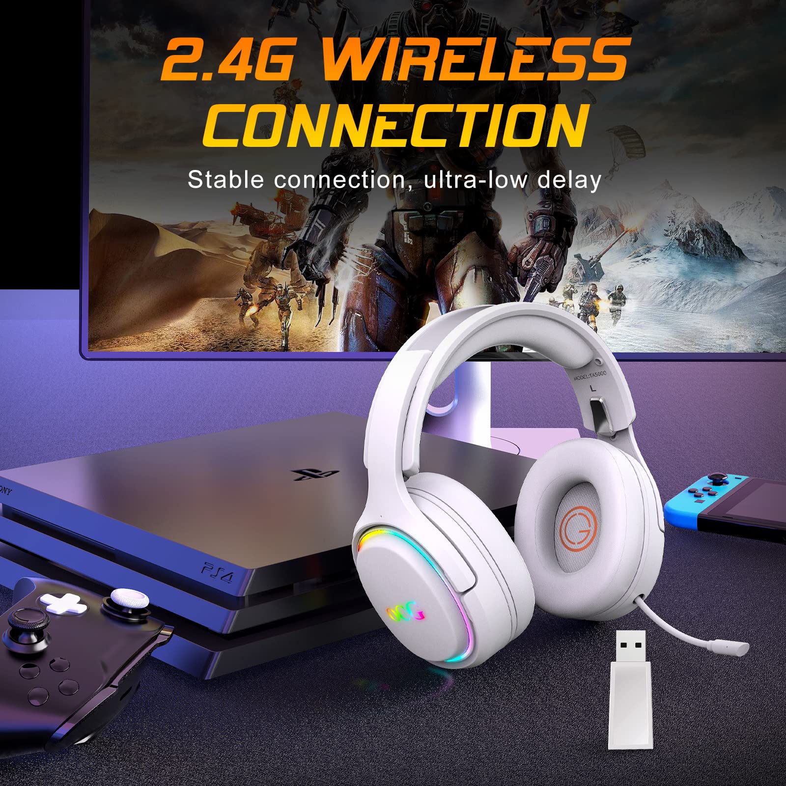 OCG Gaming Headset Dual Wireless Lossless 2.4G Bluetooth Gaming Headphones with Detachable Microphone 50mm Speakers - for PC, PS4, PS5,Smartphone,MacBook,Notebook,Tablet White…