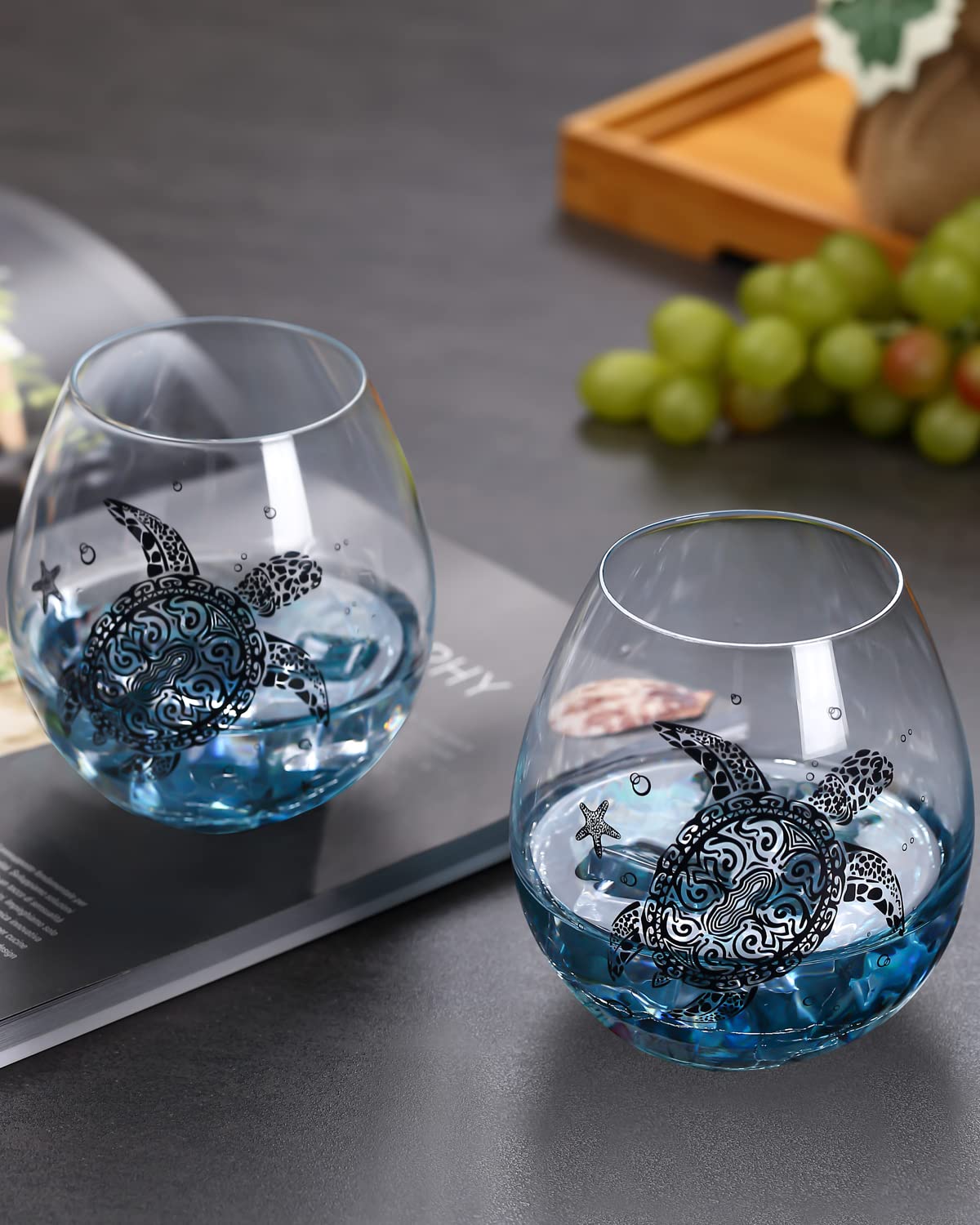 Physkoa Sea turtle wine glass- 13.5OZ Crackle Teal Design, sea turtle gifts for women,Turtle Gifts,Birthday gifts for women(Single)