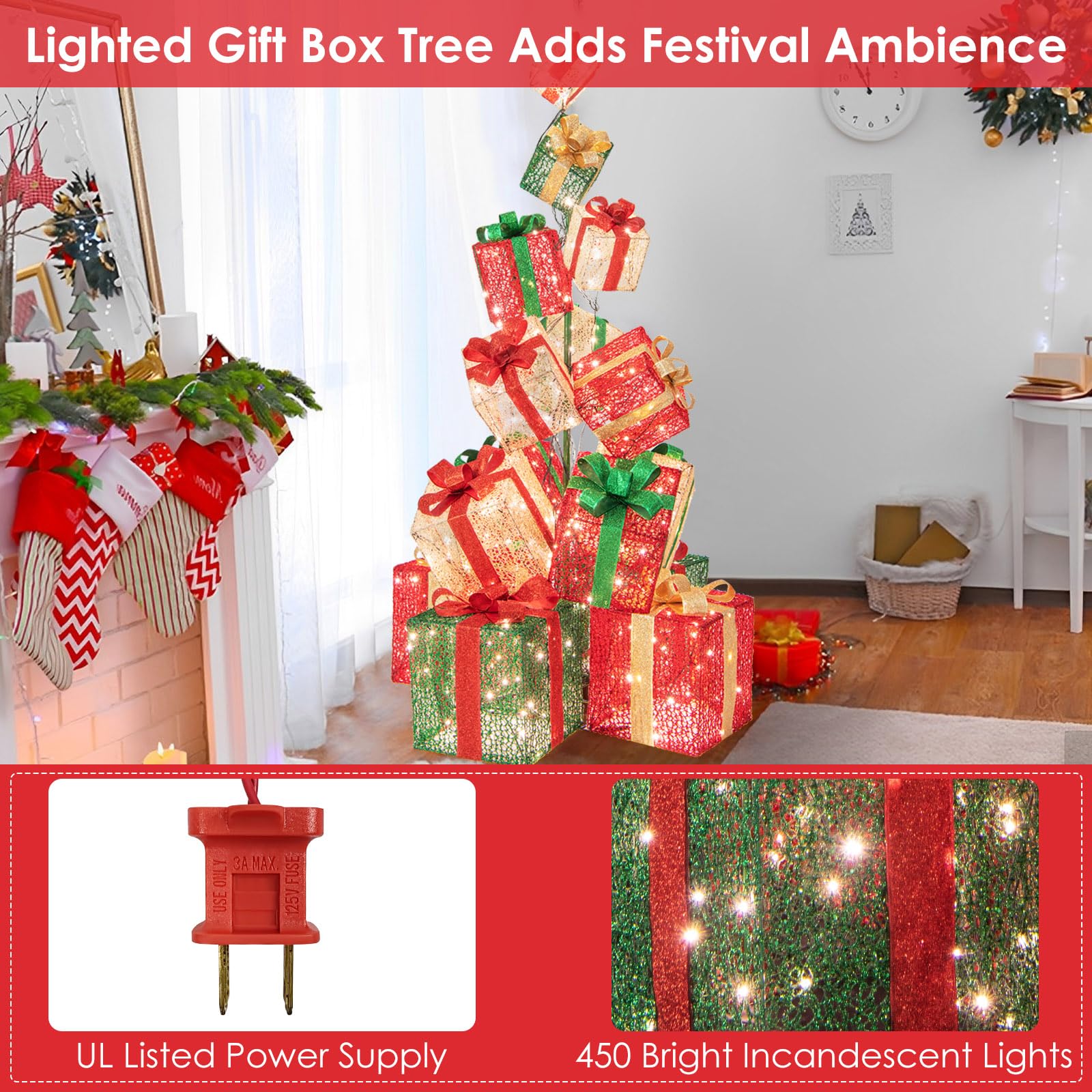 Tangkula 5.6 FT Lighted Box Tower, 15 Stacked Pre-lit Boxes with 450 Warm White Lights, Metal Base, Ribbons & Bows, Light up Gift Box Decorations for Indoor Outdoor