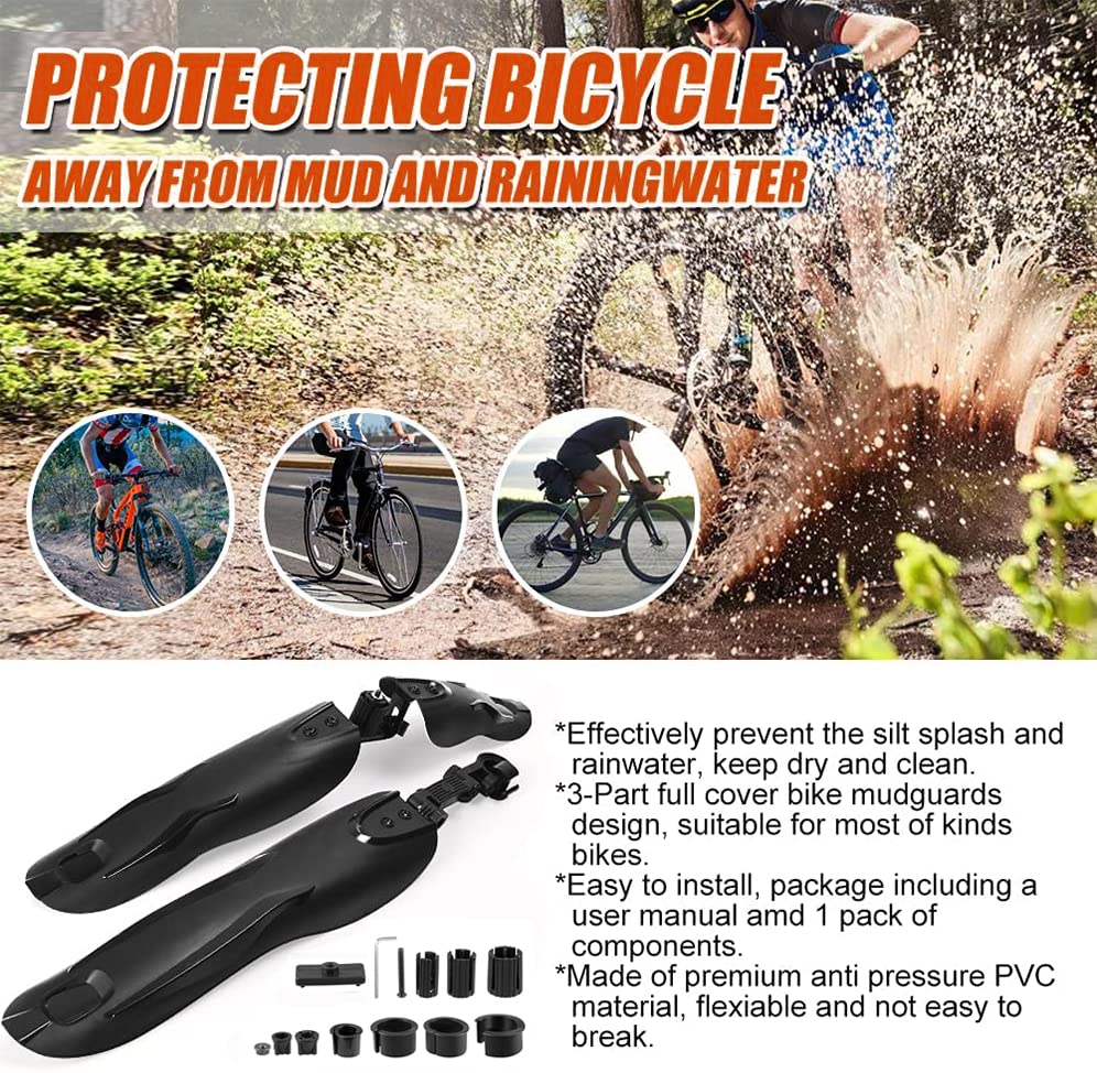 Winmoom Adjustable Bike Fender Set for 22"/24"/26"/27.5",3 Parts-Universal Full Cover Thicken Widen, Front/Rear Mud Guards Fit for MTB Mountain Road Bike