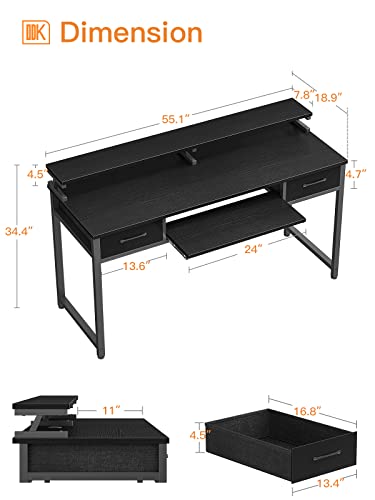 ODK Computer Desk Study Table, 55 Inch Office Desk with Drawers and Keyboard Tray, Study Desk Work Desk with Monitor Shelf, Writing Desk with Storage for Home Office, Black