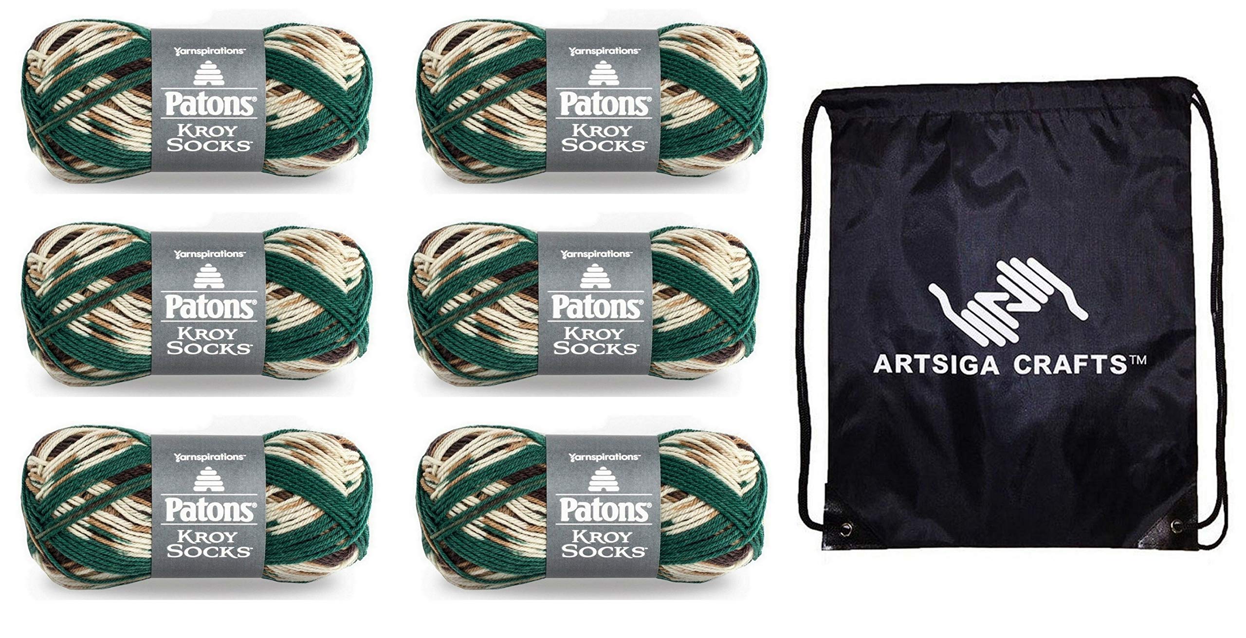 Patons Knitting Yarn Kroy Socks Woodsie 6-Skein Factory Pack (Same Dye Lot) 243455-55716 Bundle with 1 Artsiga Crafts Project Bag