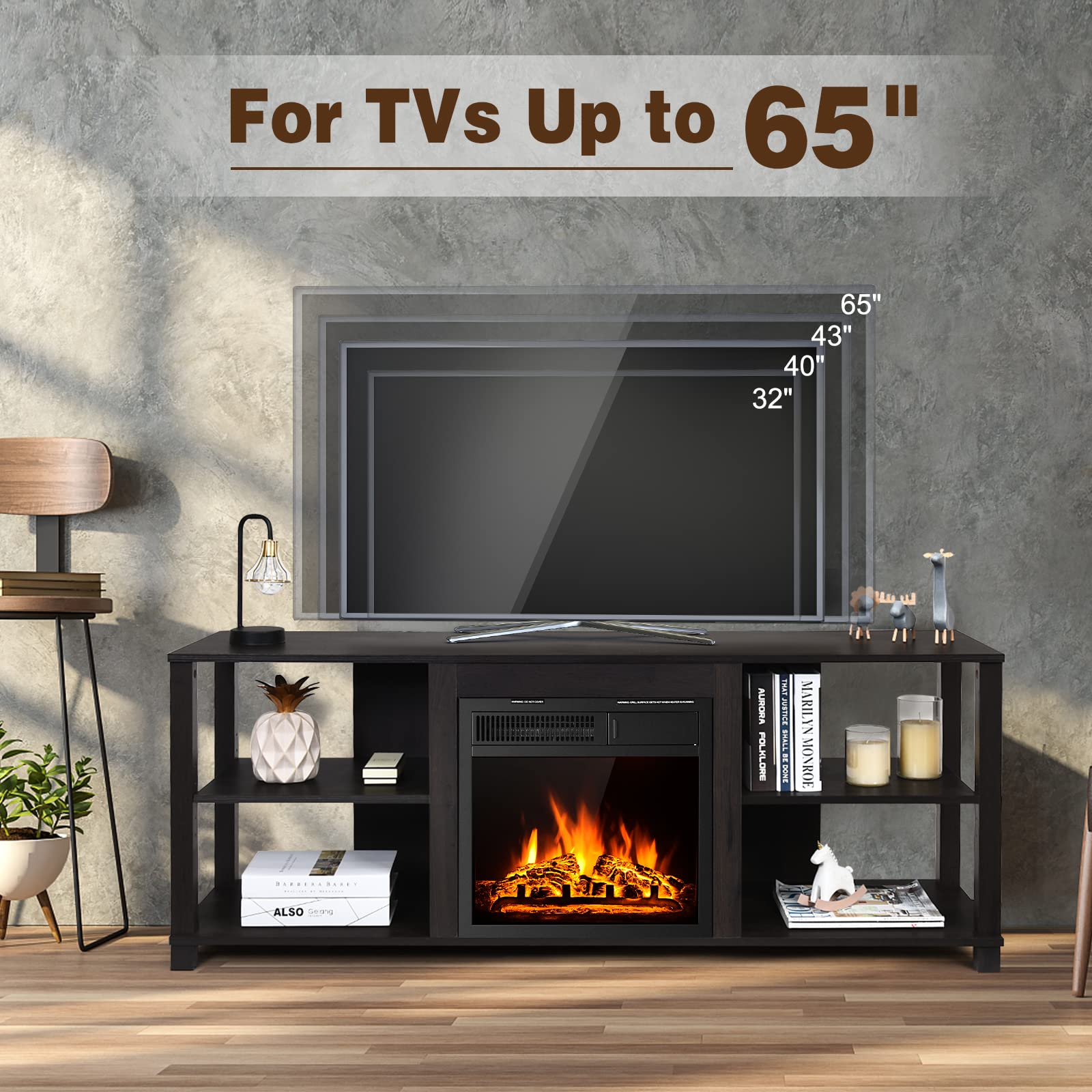 Tangkula Fireplace TV Stand for 65 inches TV, with 18 inches 1500W Recessed Electric Fireplace with 7 Flame Setting & Remote Control,Faux Fireplace TV Stand